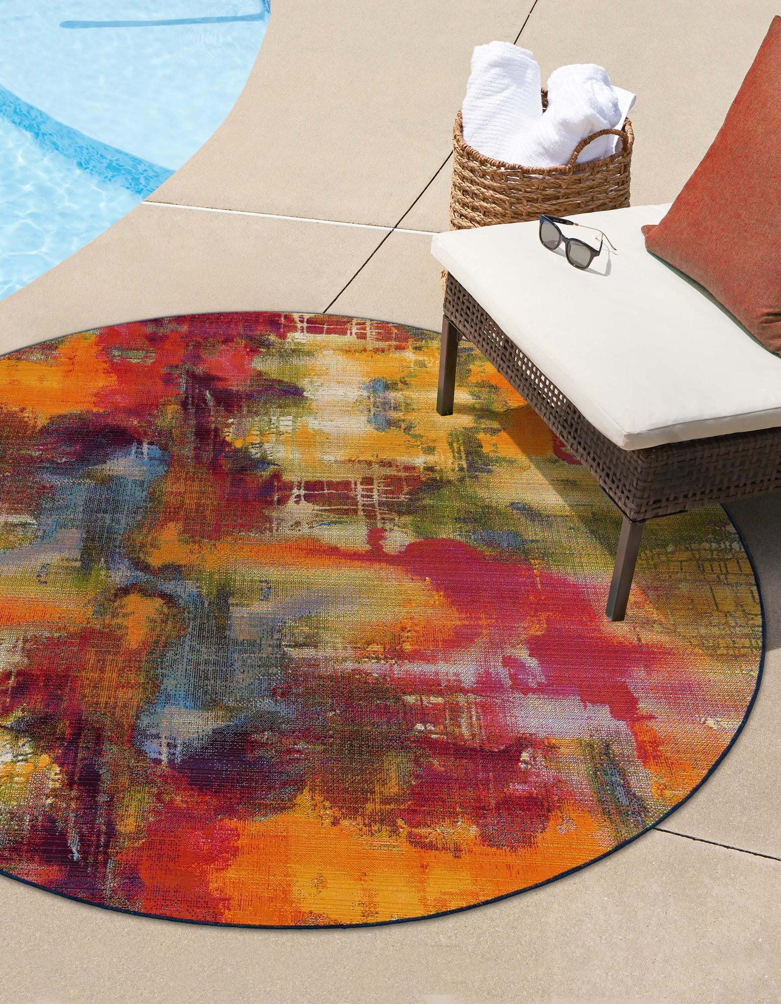 Unique Loom Outdoor Modern Collection Area Rug - Azera (8' Round Multi ...