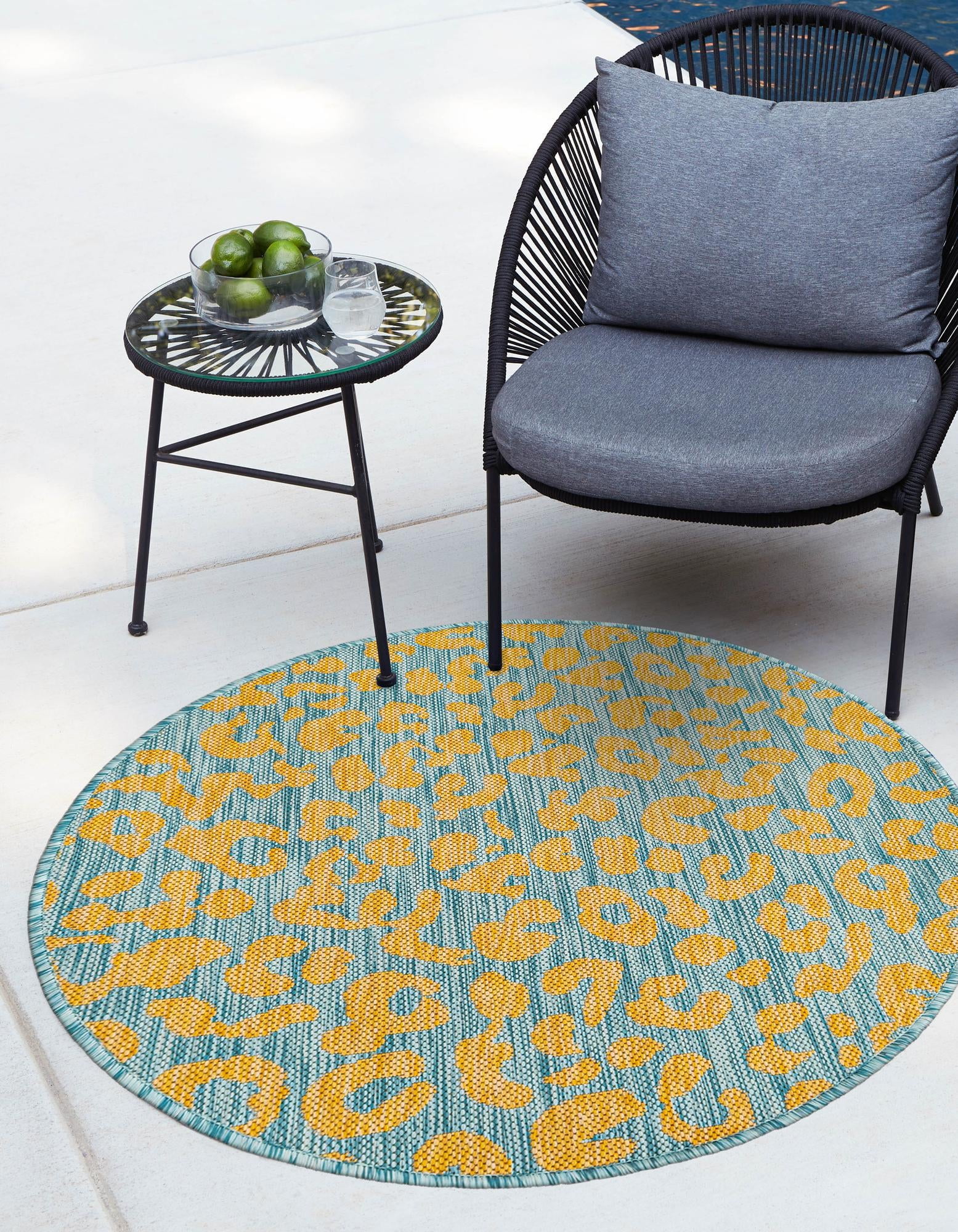 Unique Loom Outdoor Safari Collection Area Rug - Leopard (4' Round Blue ...