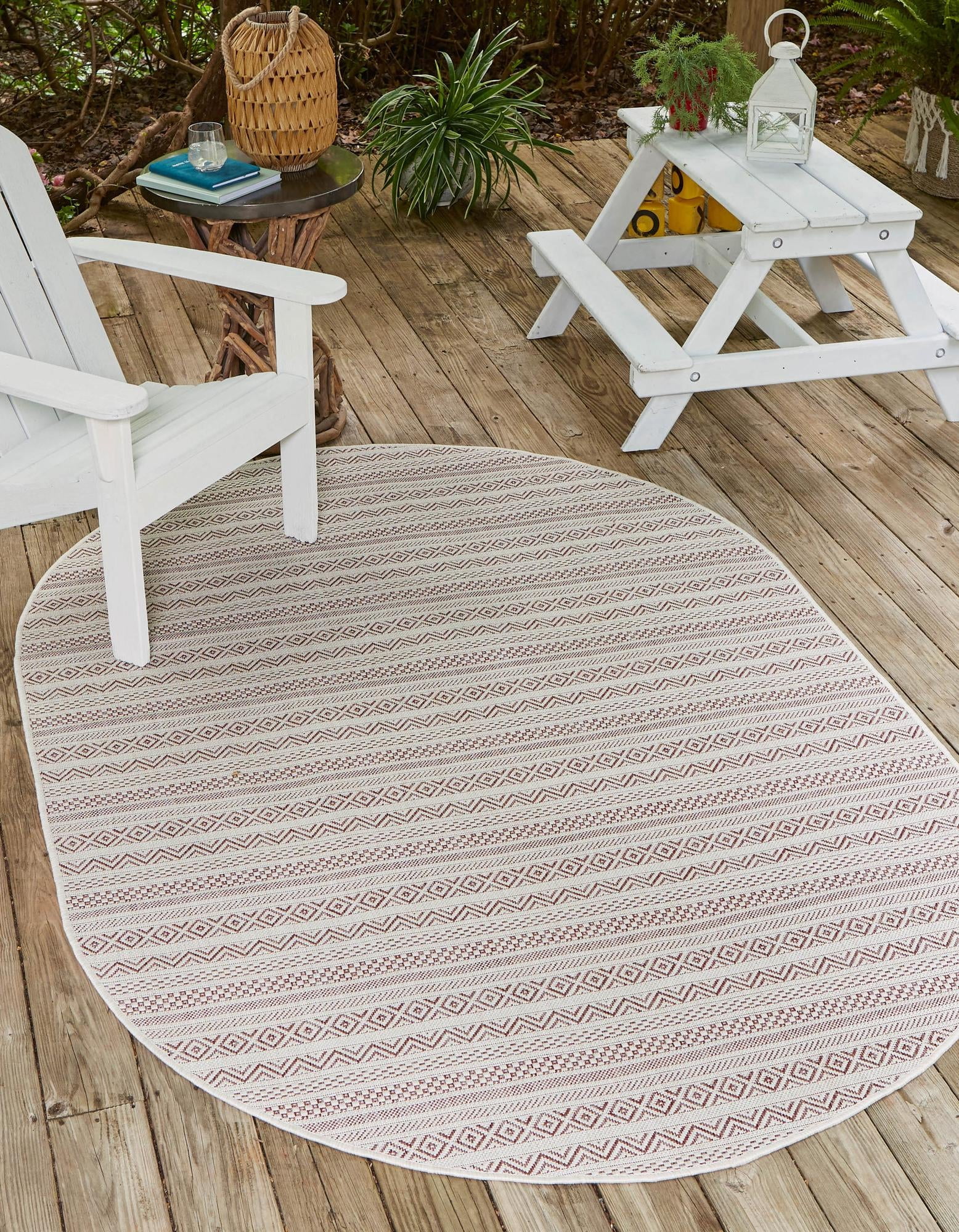 Unique Loom Outdoor Striped Collection Area Rug - Maia (7' 10" x 10' Oval Red/Ivory) - Walmart.com