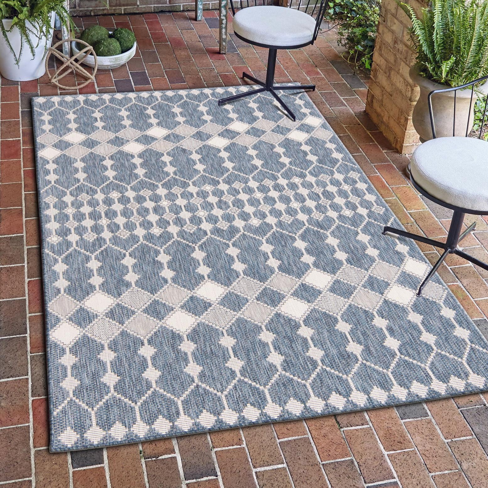 Unique Loom Indoor/Outdoor Rug - Trellis Design, Blue/Ivory, 9' x 12' 2 ...
