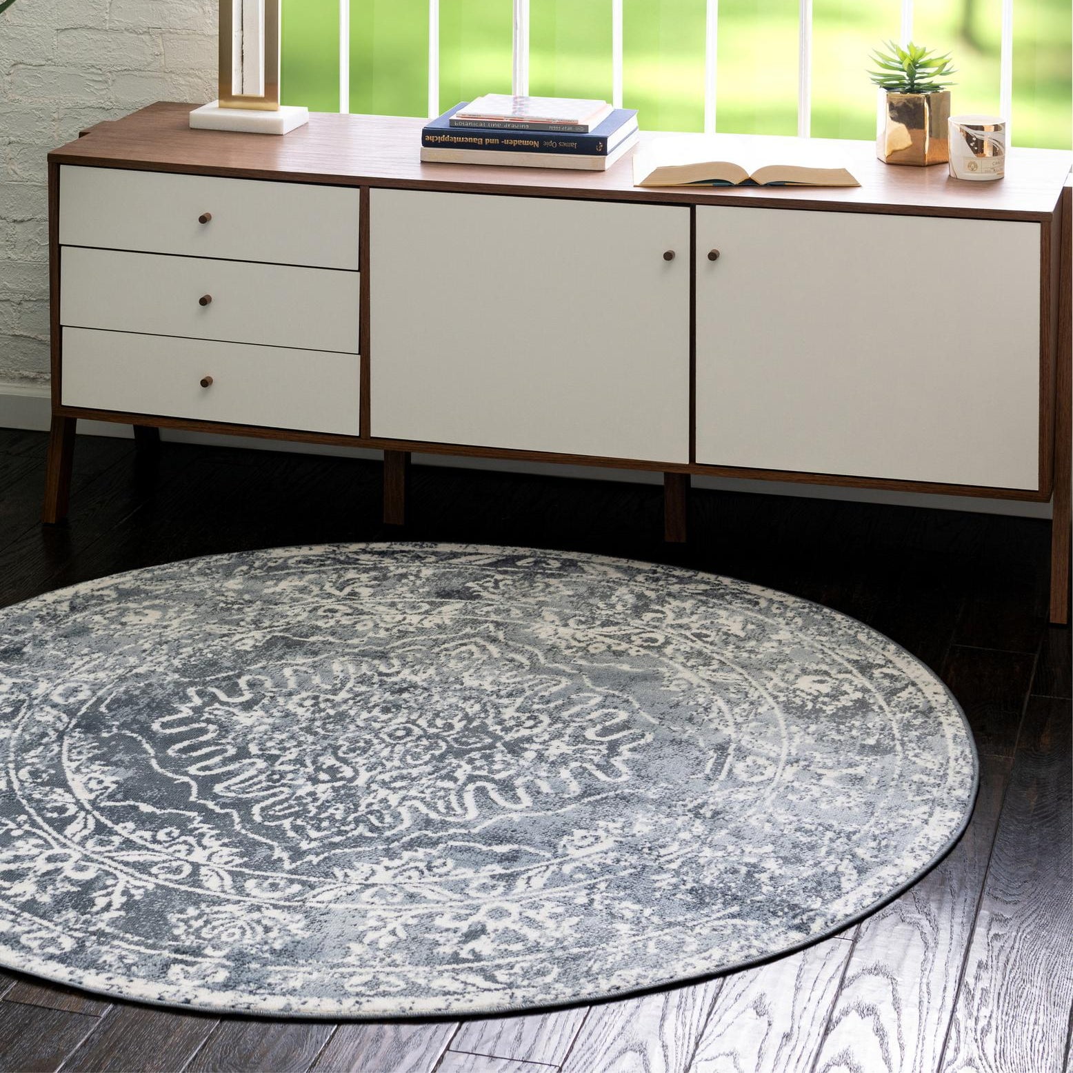 Unique Loom Oxford Collection Area Rug - Bodleian (5' Round Blue/Ivory ...