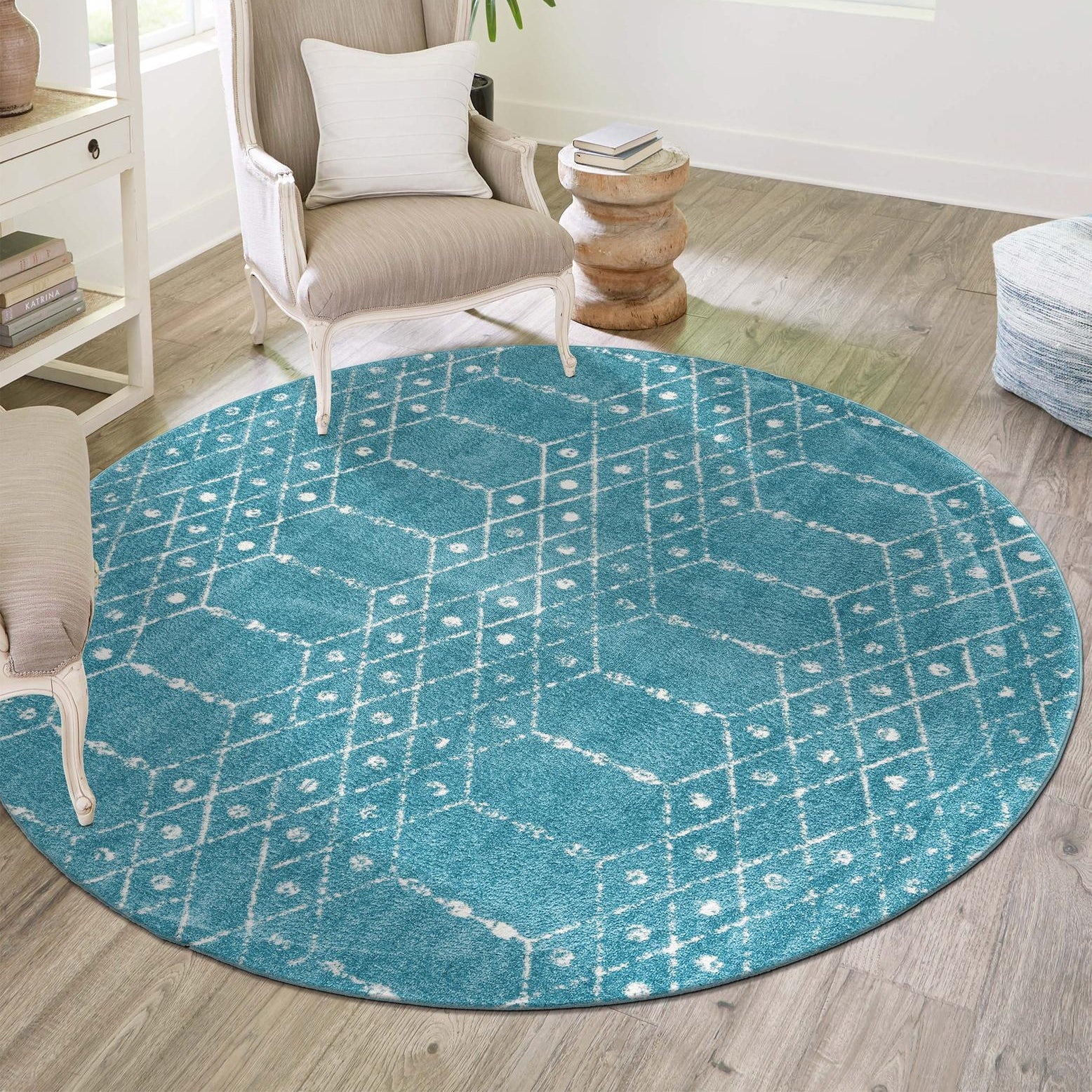 Unique Loom Paxon Trellis Collection Area Rug - Maeve (5' 3" Round Teal ...