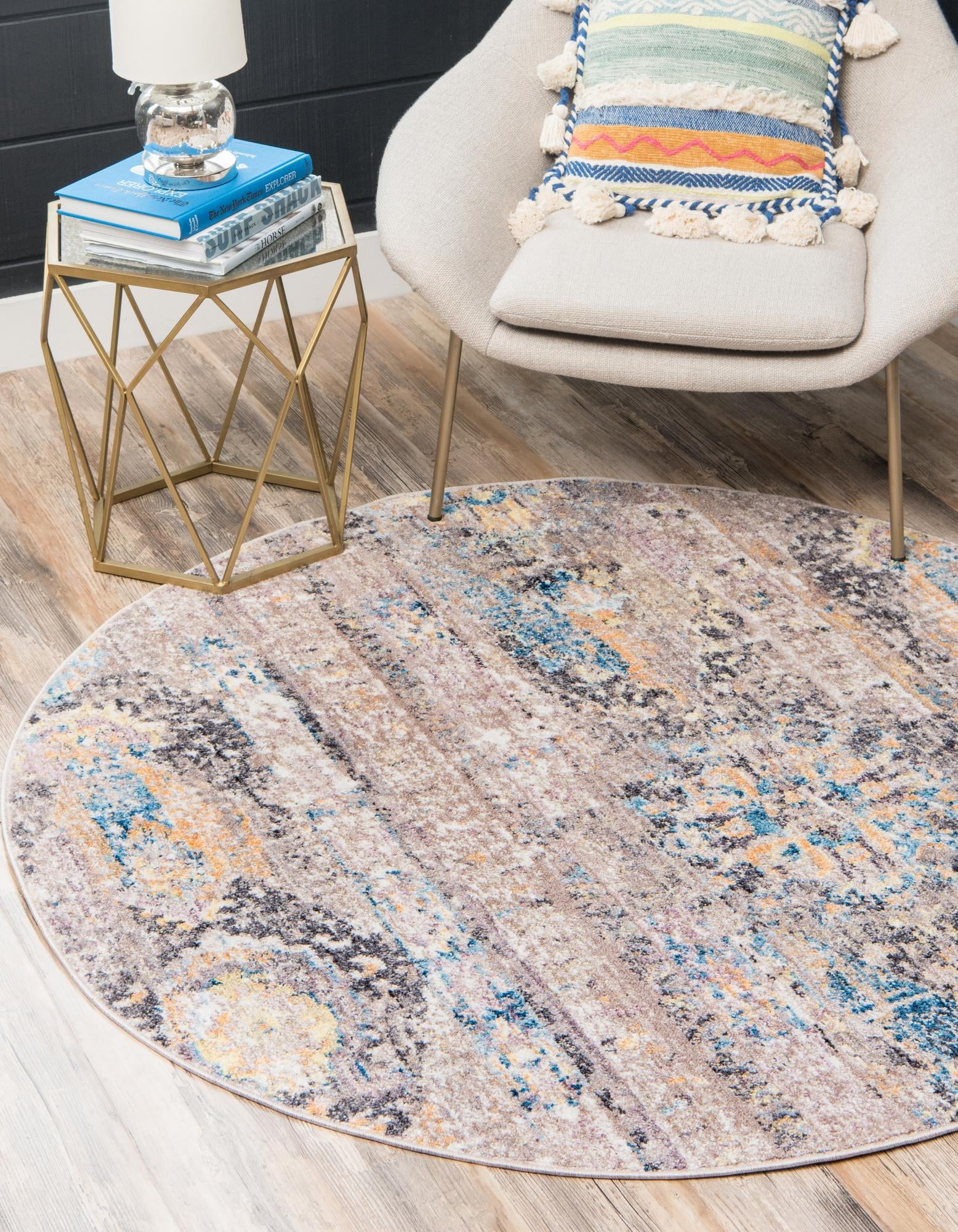 Unique Loom Prado Basilica Rug Light Brown/Blue 5' Round Striped Modern ...