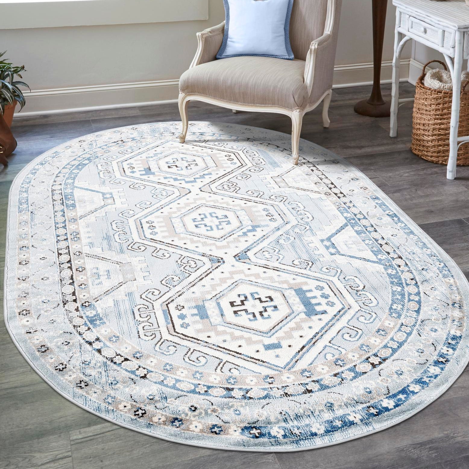 Unique Loom Charlotte Collection Area Rug - Quail (5' 3" x 8' Oval Aqua ...