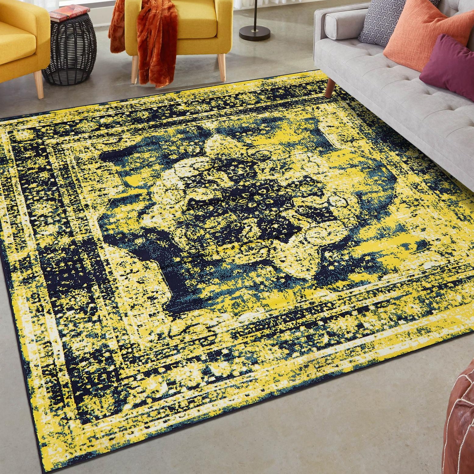 Unique Loom Sofia Collection Area Rug, 8' Square, Navy Blue Yellow ...