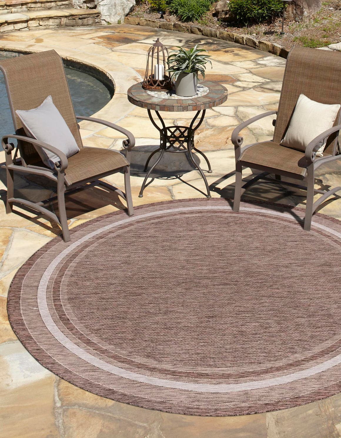 Unique Loom Soft Border Outdoor Border Rug 10' 8 x 10' 8 Round Brown ...