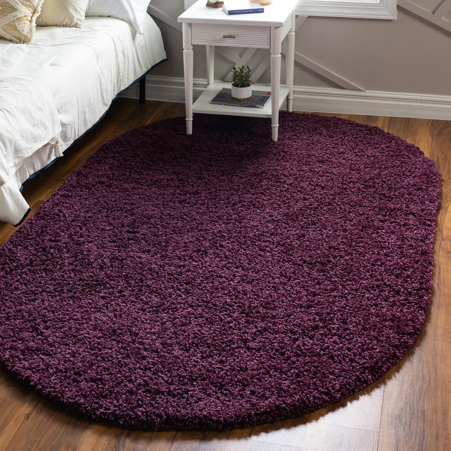 Unique Loom Solid Shag Collection Area Rug (3' 3" x 5' 3" Oval Eggplant ...