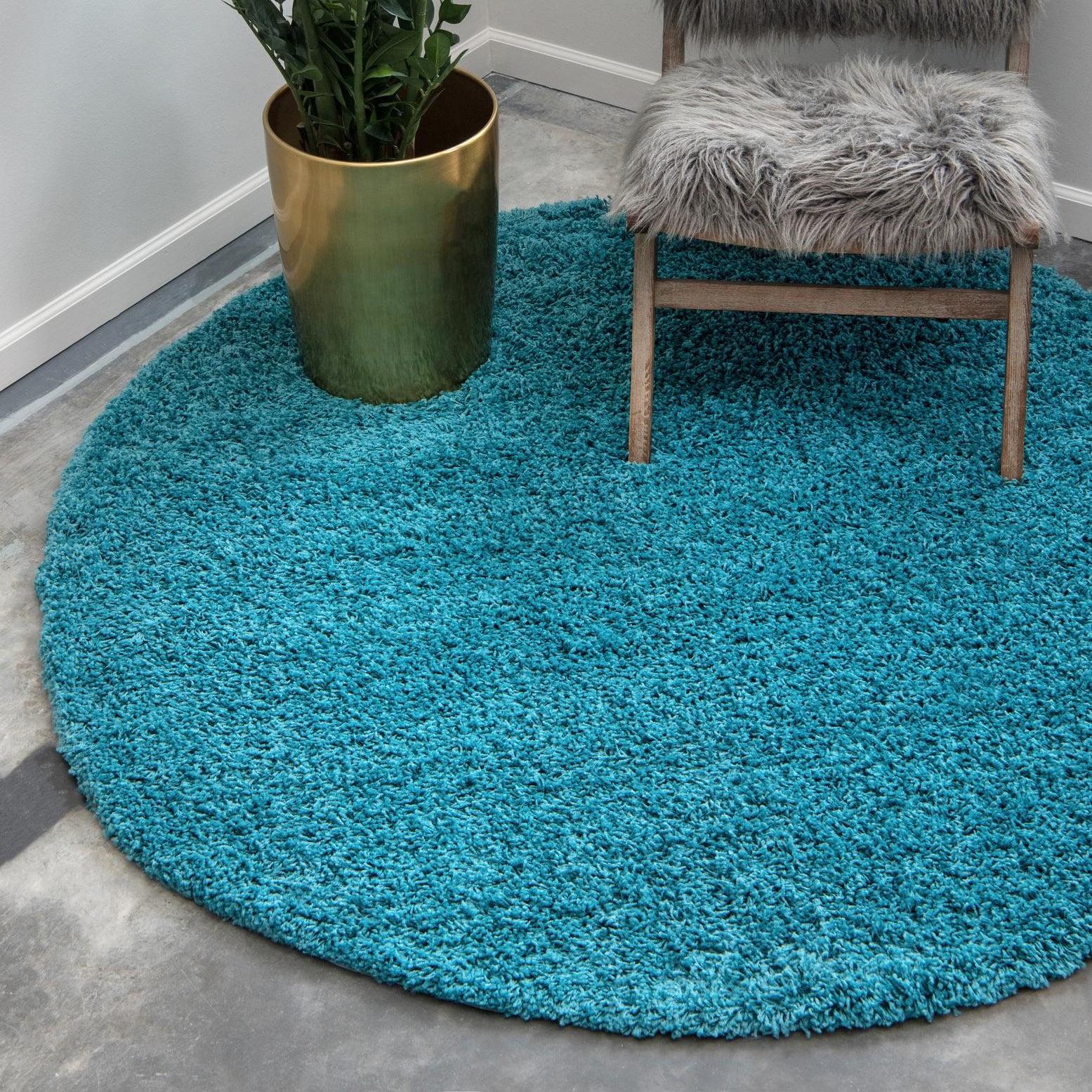 Unique Loom Solid Shag Collection Area Rug (5' 3" Round Deep Aqua Blue ...