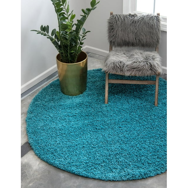 Unique Loom Solid Shag Collection Area Rug (6' 1" Round Deep Aqua Blue ...