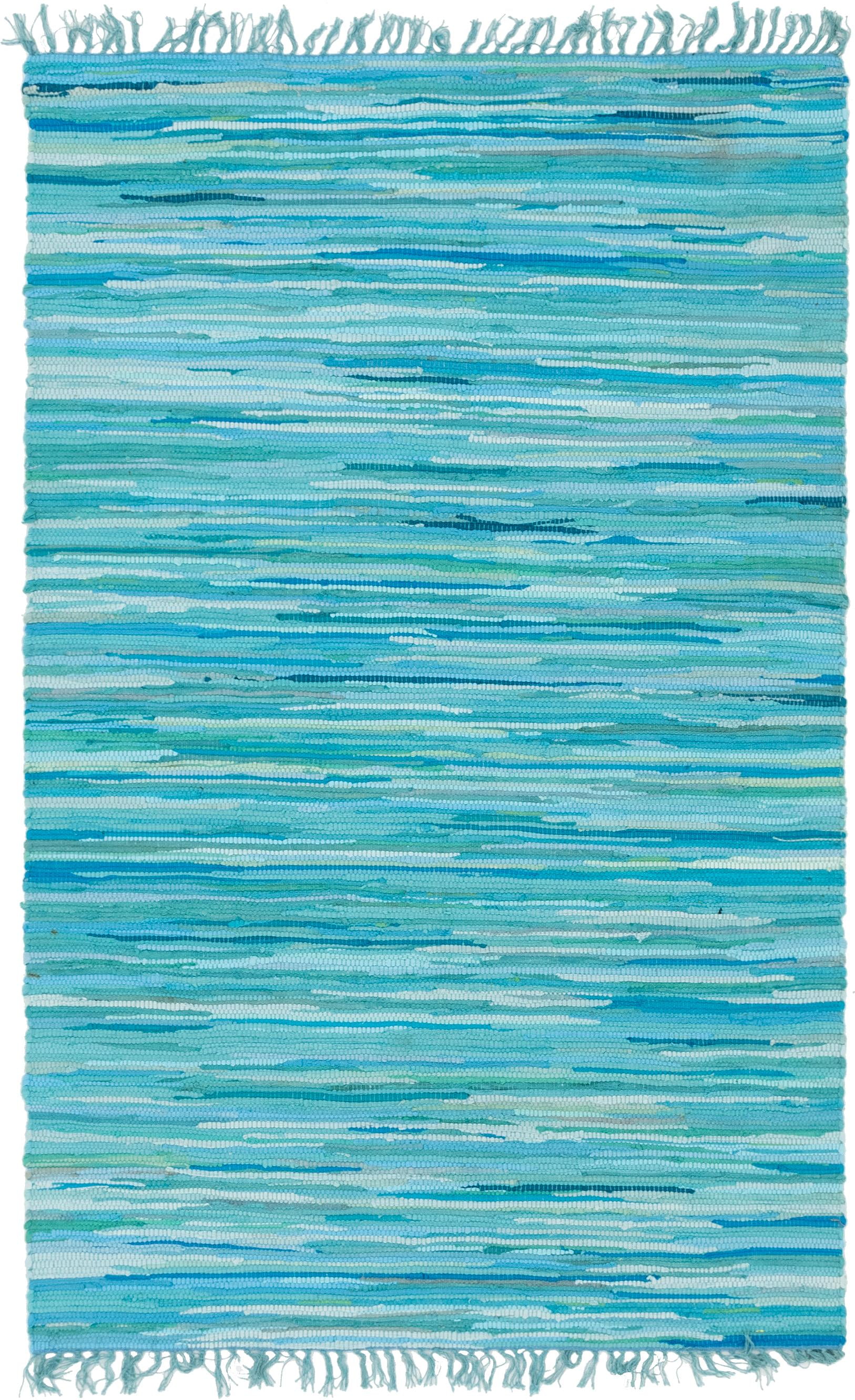 Unique Loom Striped Chindi Cotton Rug Turquoise/Ivory 4' x 6' Hand Made ...