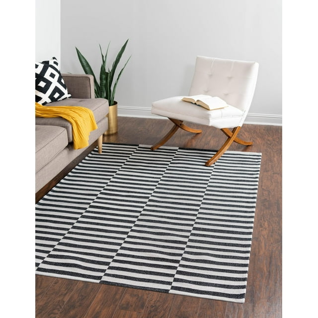 Unique Loom Striped Decatur Rug Black/Ivory 6' 4" x 9' Rectangle ...