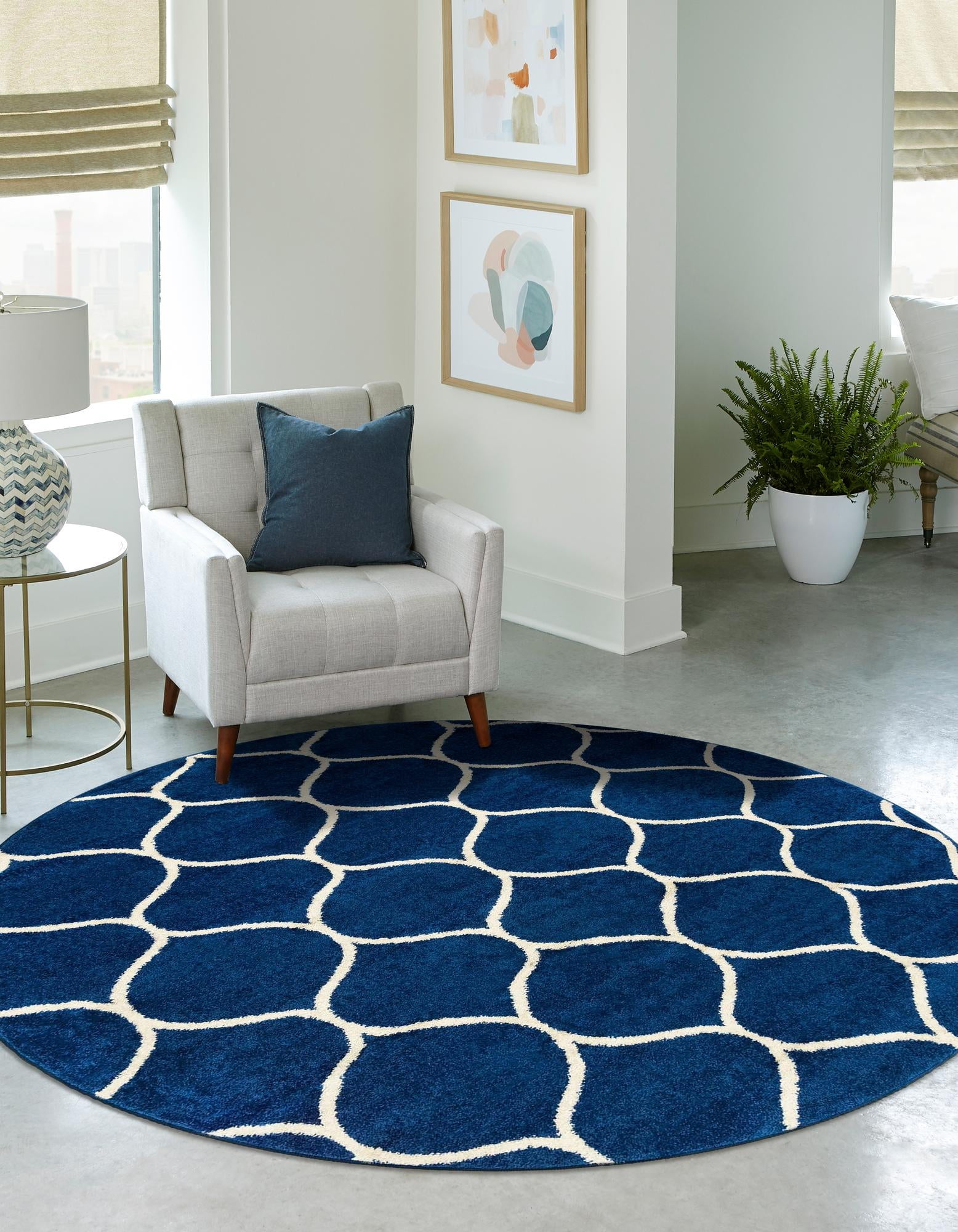 Unique Loom Trellis Frieze Collection Area Rug - Rounded (6' Round Navy ...