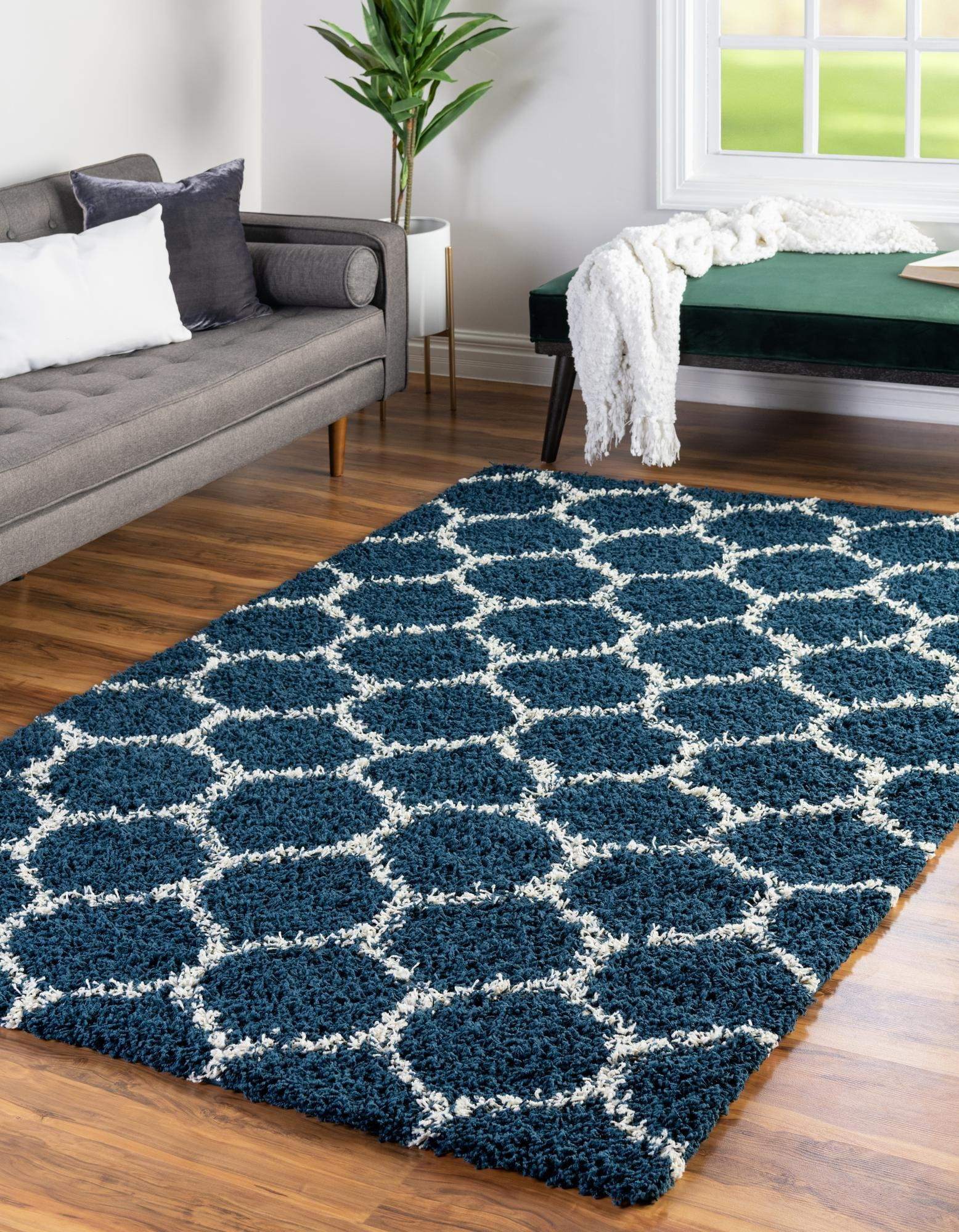 Unique Loom Trellis Shag Collection Area Rug - Ruby (10' 8" x 14' Rectangle Navy Blue/Ivory ...