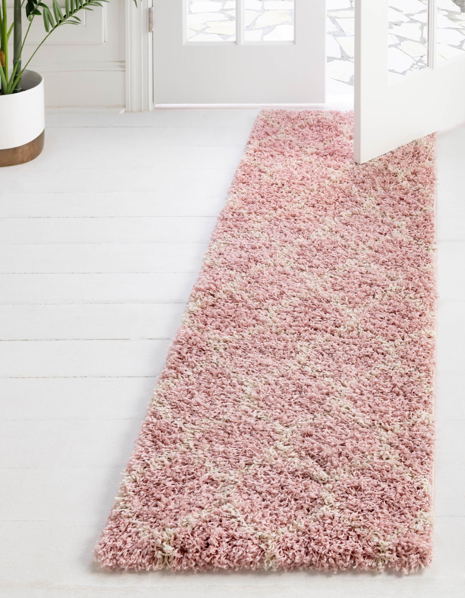 Unique Loom Trellis Shag Collection Area Rug - Ruby (2' 7" x 12' Runner Light Pink/Ivory ...