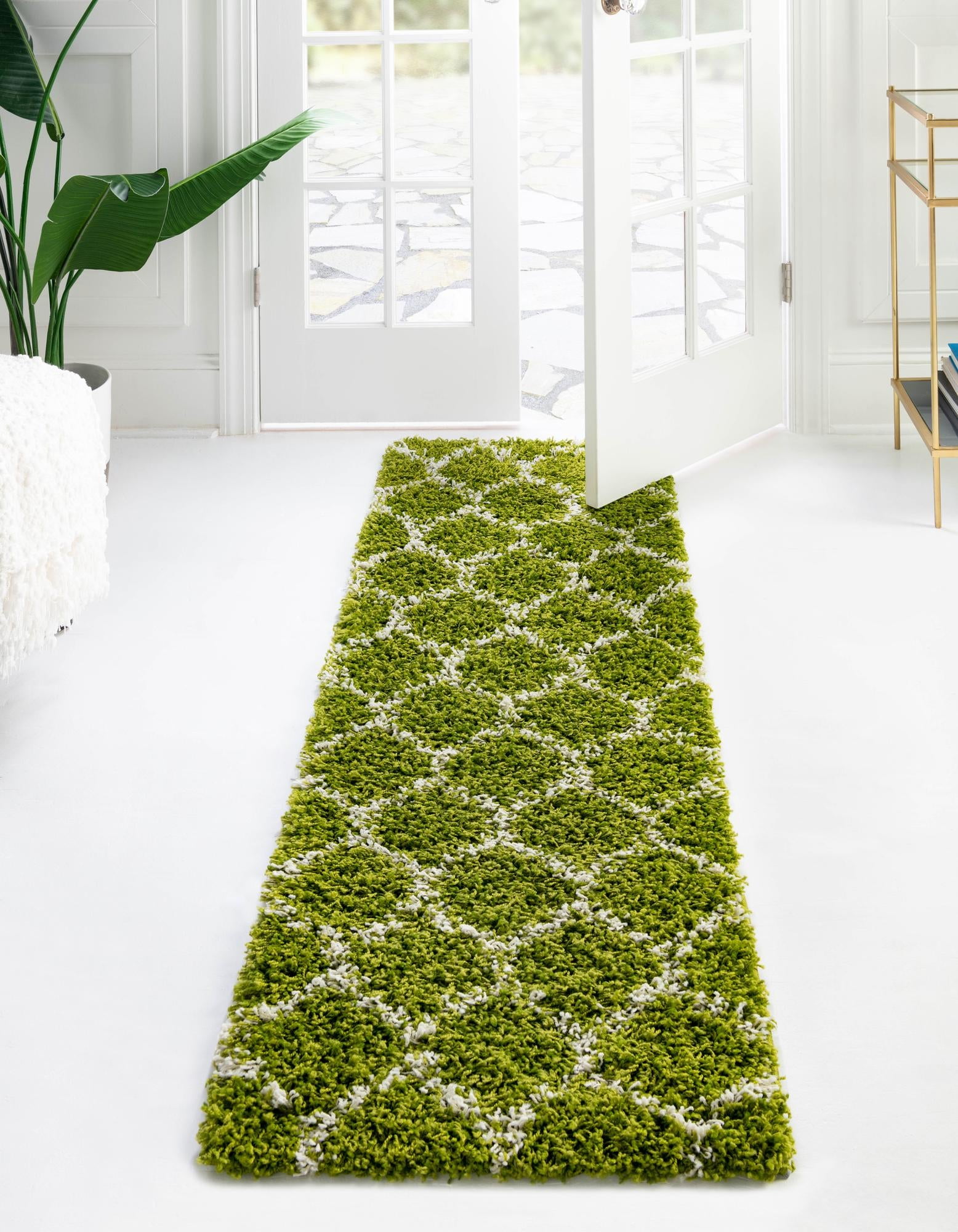 Unique Loom Trellis Shag Collection Area Rug - Ruby (2' x 7' Runner Green/Ivory) - Walmart.com