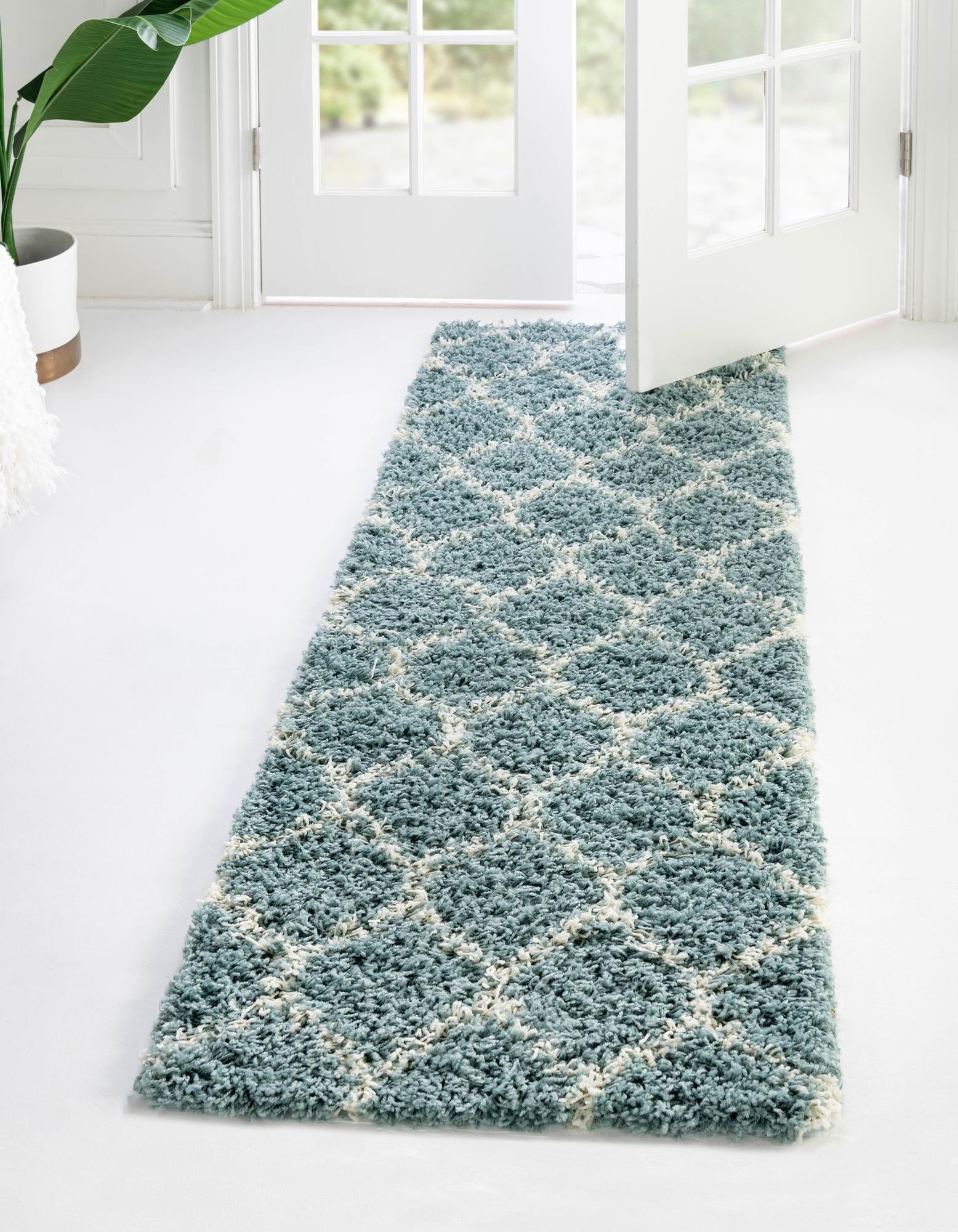 Unique Loom Trellis Shag Collection Area Rug - Ruby (2' x 8' Runner Light Blue/Ivory) - Walmart.com