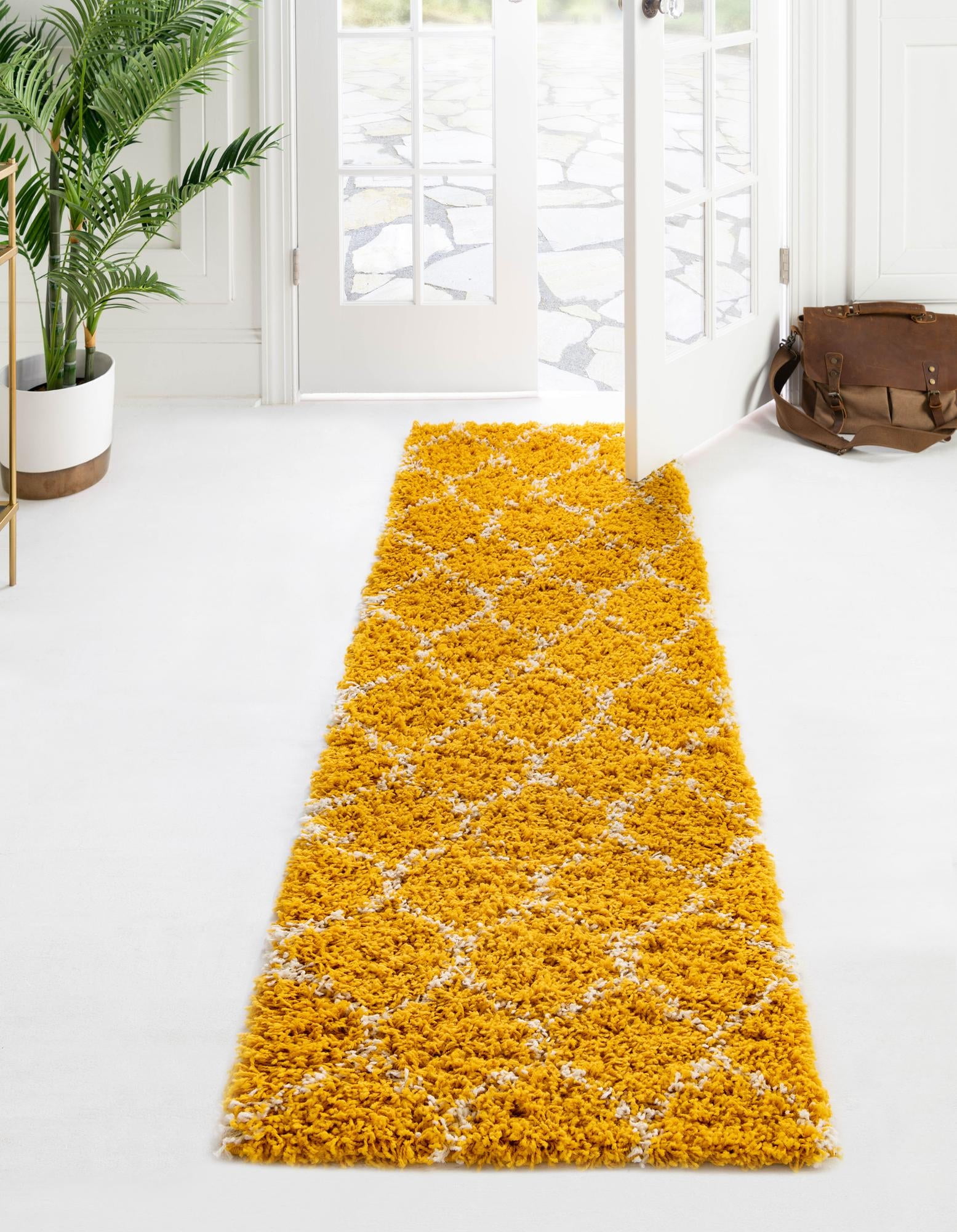 Unique Loom Trellis Shag Collection Area Rug - Ruby (2' x 8' Runner Yellow/Ivory) - Walmart.com