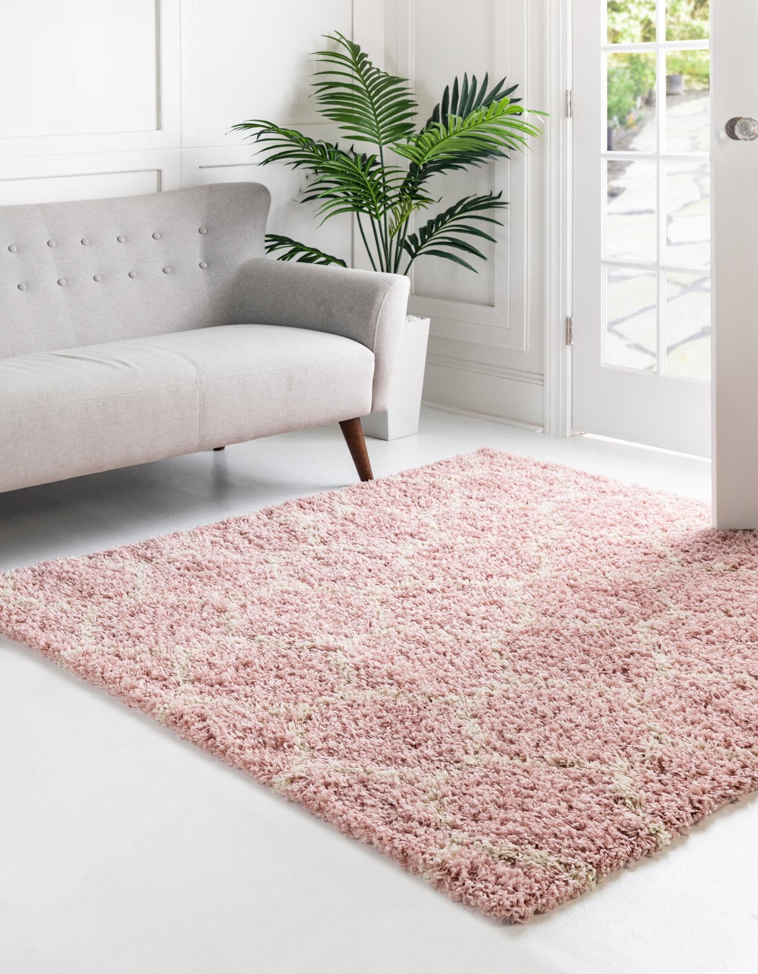 Unique Loom Trellis Shag Collection Area Rug - Ruby (3' 3" Square Light Pink/Ivory) - Walmart.com