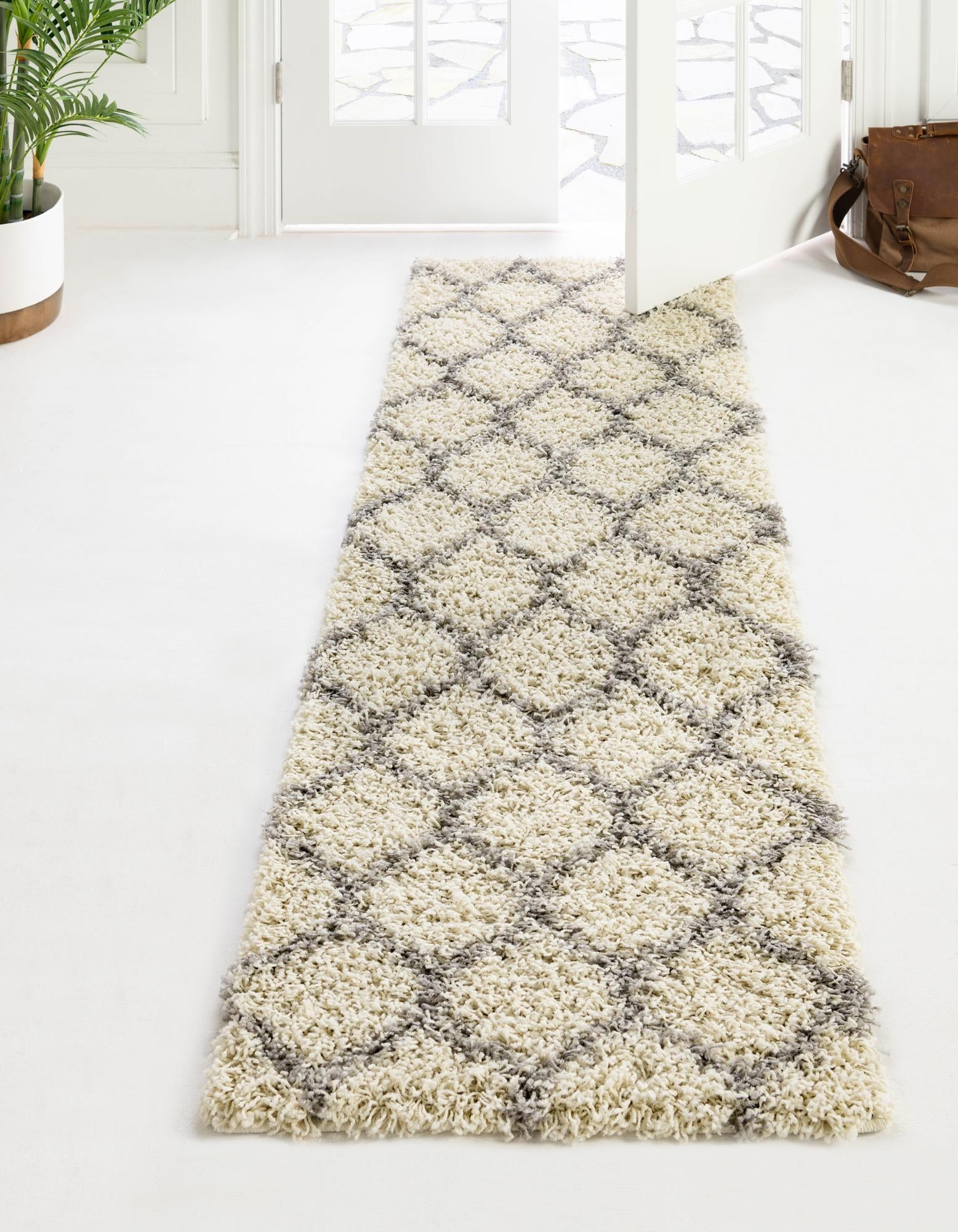 Unique Loom Trellis Shag Collection Area Rug - Ruby (3' 3" x 16' 5" Runner Ivory/Gray) - Walmart.com