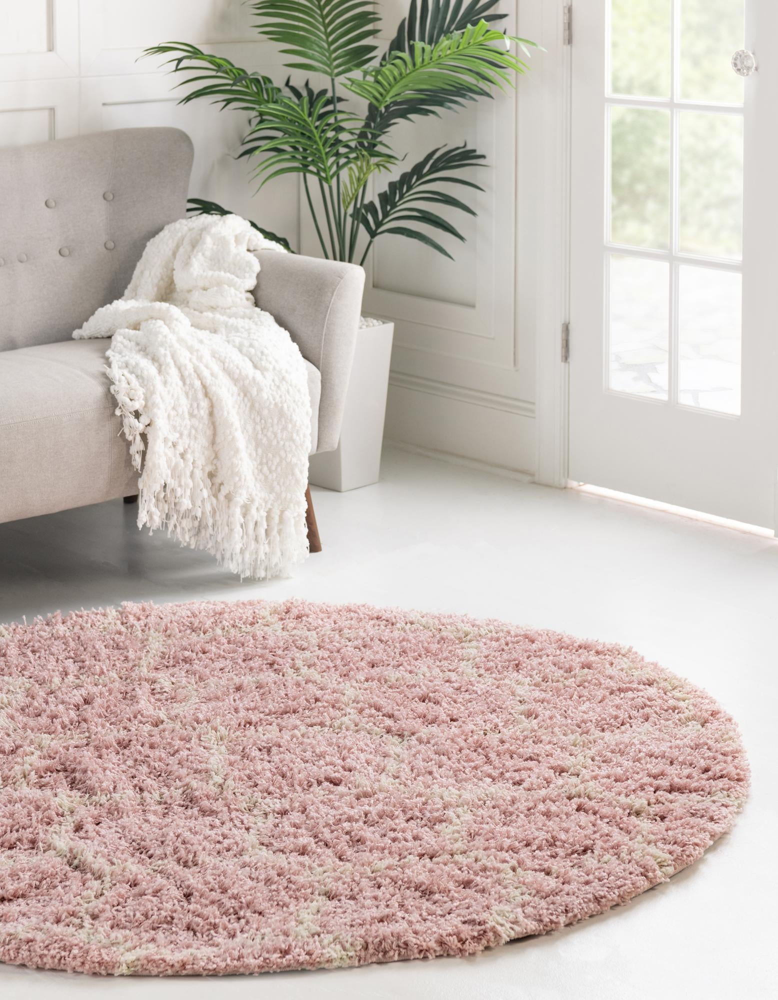 Unique Loom Trellis Shag Collection Area Rug - Ruby (5' 3" Round Light ...