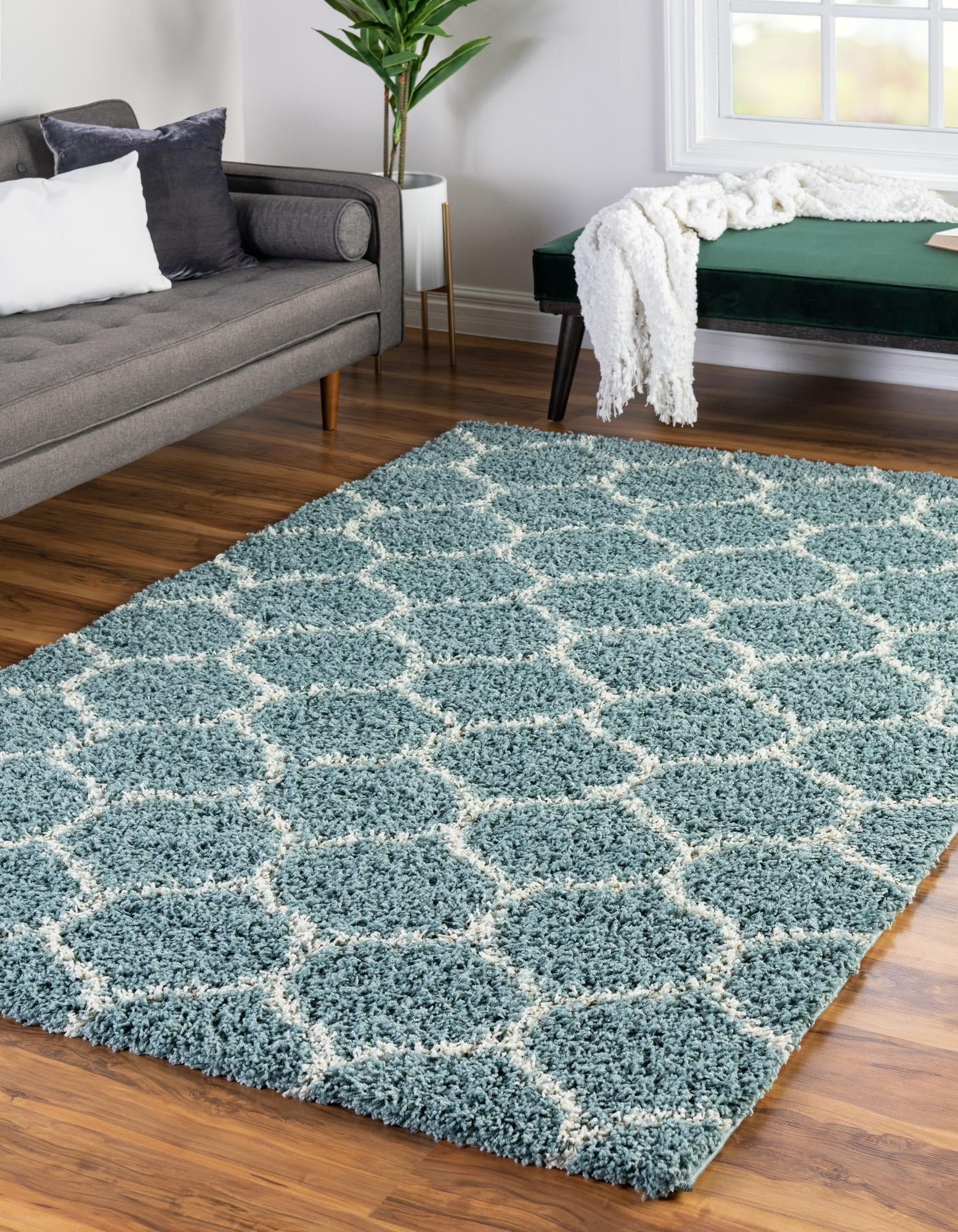 Unique Loom Trellis Shag Collection Area Rug - Ruby (5' 3" x 8' Rectangle Light Blue/Ivory ...