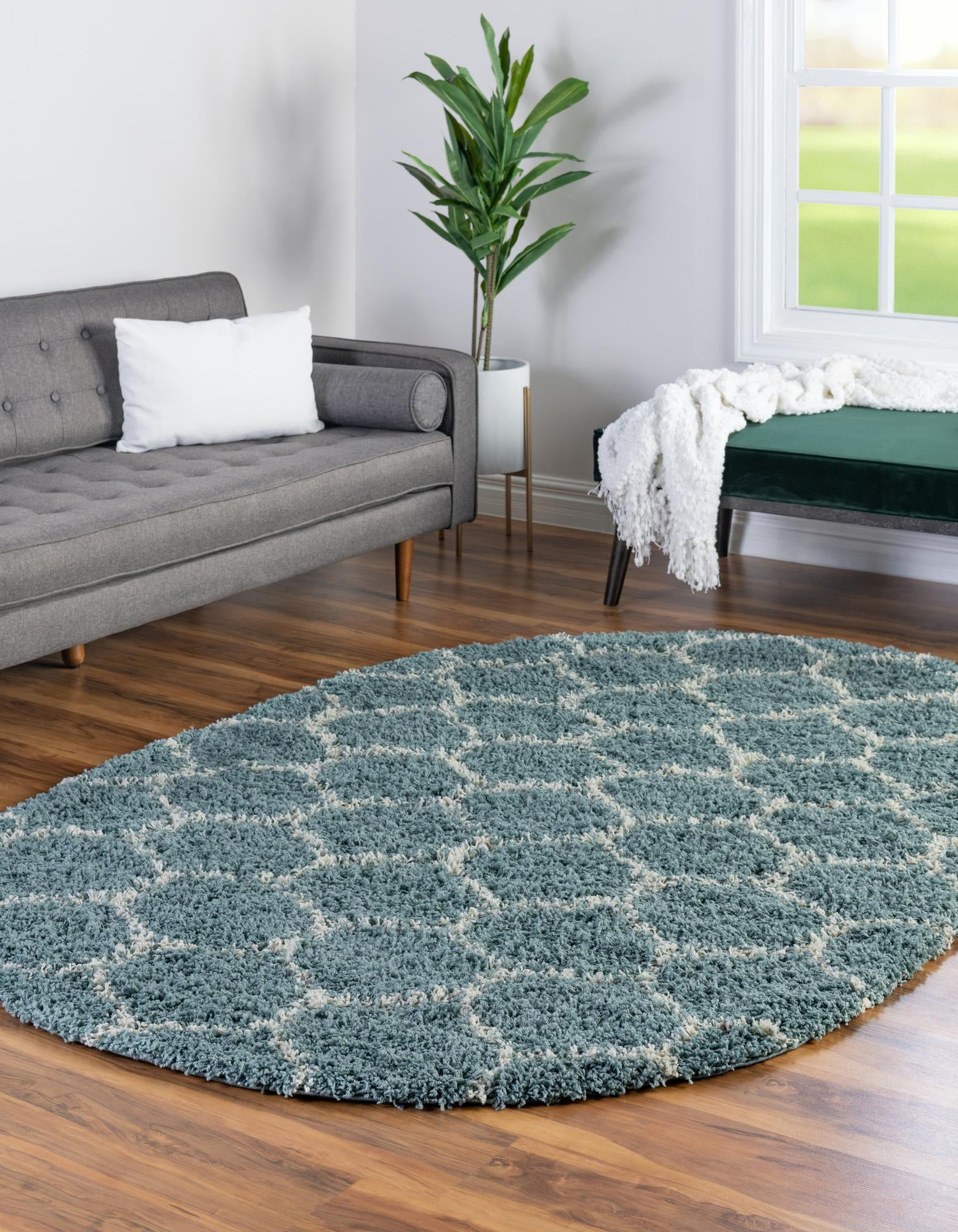 Unique Loom Trellis Shag Collection Area Rug - Ruby (7' 10" x 10' Oval Light Blue/Ivory ...
