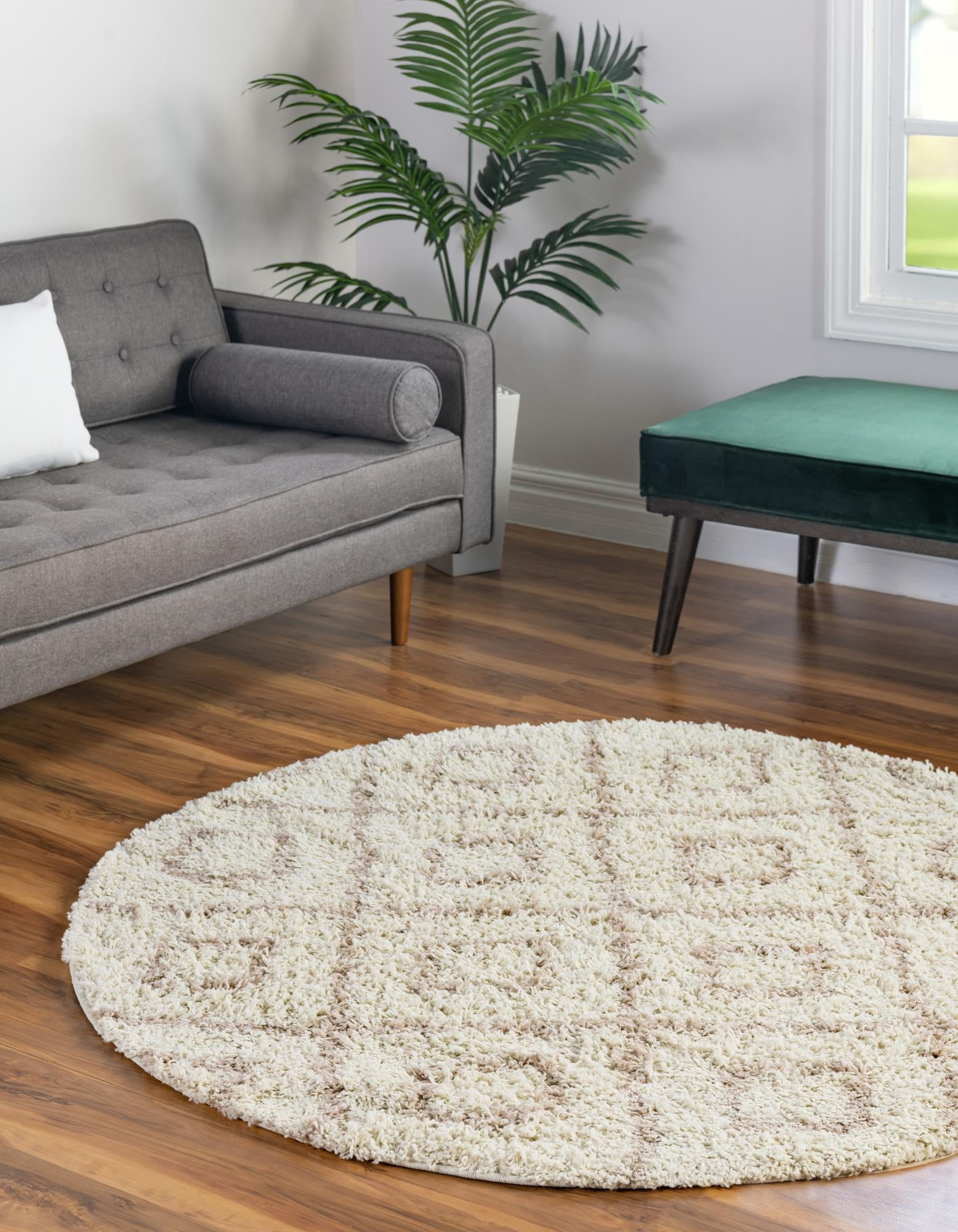 Unique Loom Trellis Shag Collection Area Rug - Ruth (5' 3" Round Beige ...