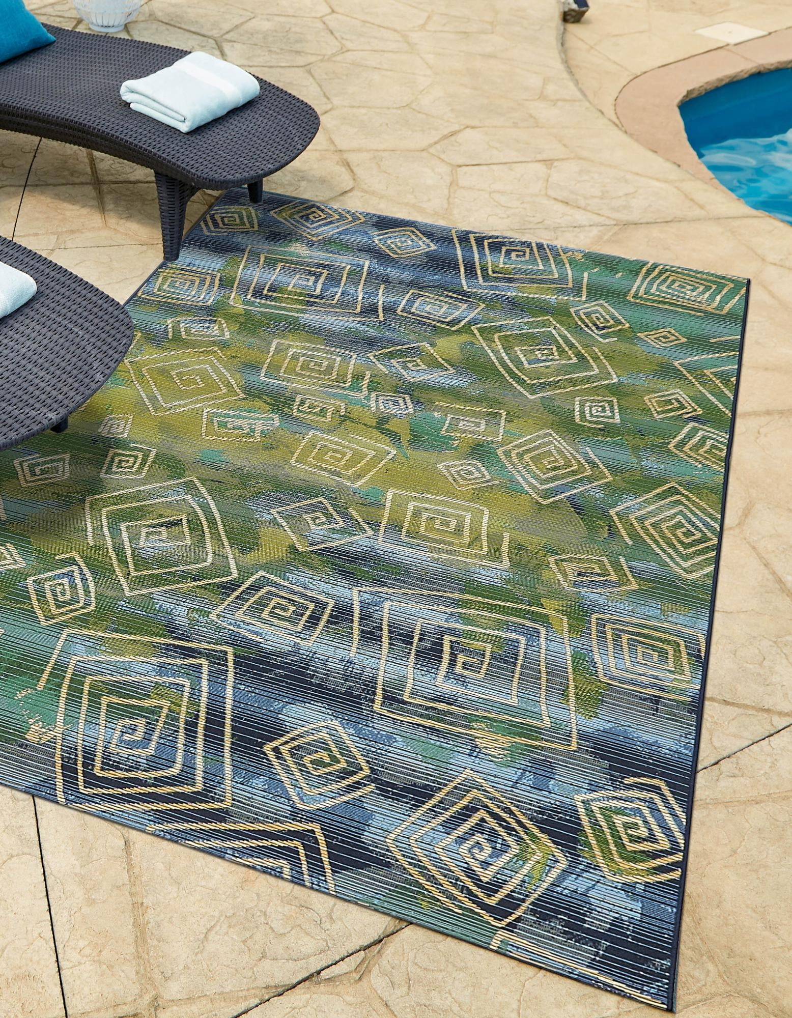 Unique Loom Vortex Indoor/Outdoor Modern Rug Blue/Beige 4' 1" x 6' 1 ...