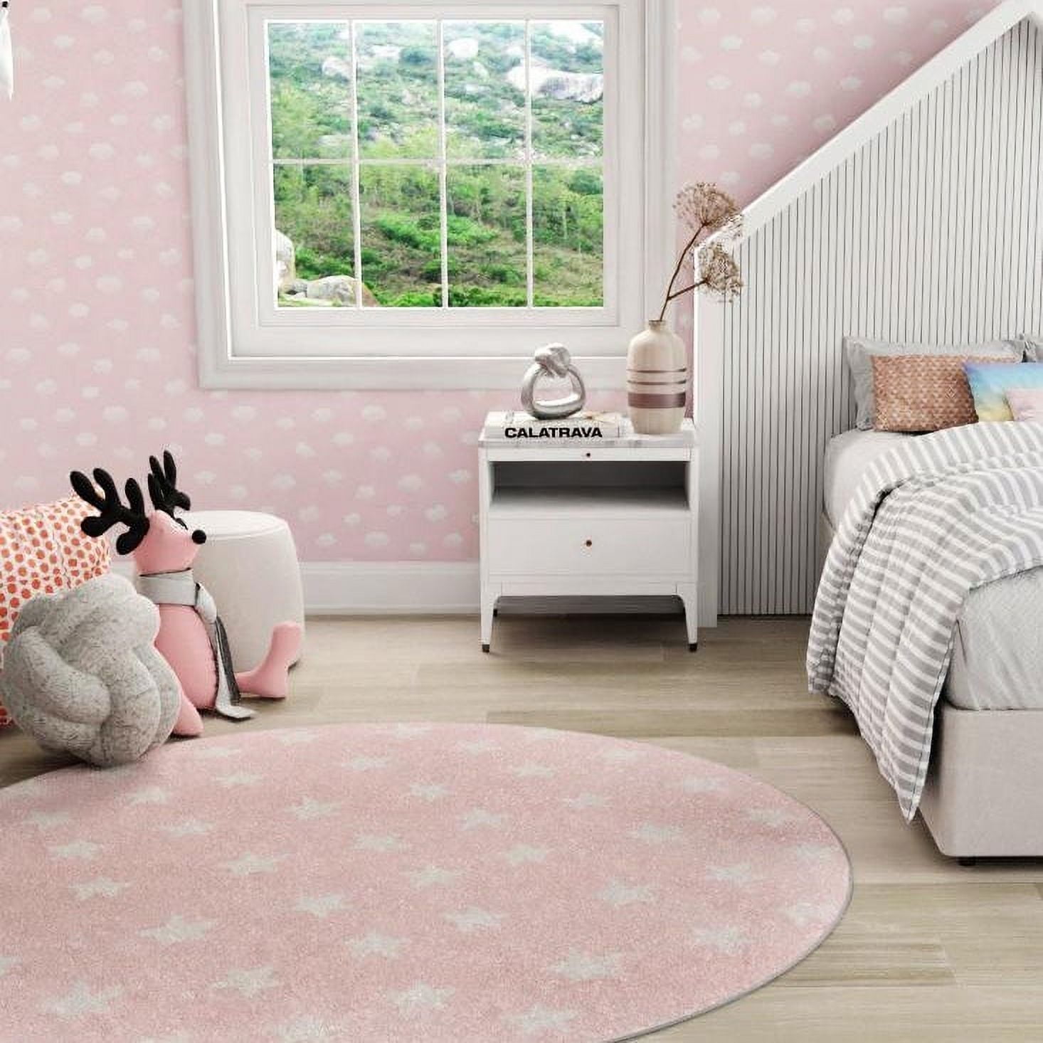 Unique Loom Whimsy Kids Collection Area Rug - Stars (5' 3" Round Pink ...