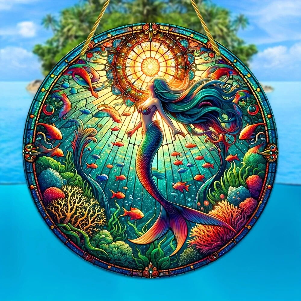 Unique Mermaid Stained Windows Hangings Suncatcher Mermaids Suncatchers Window Ornament Panel ...
