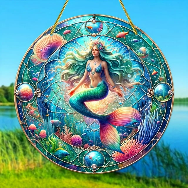 Unique Mermaid Stained Windows Hangings Suncatcher Mermaids Suncatchers Window Ornament Panel ...