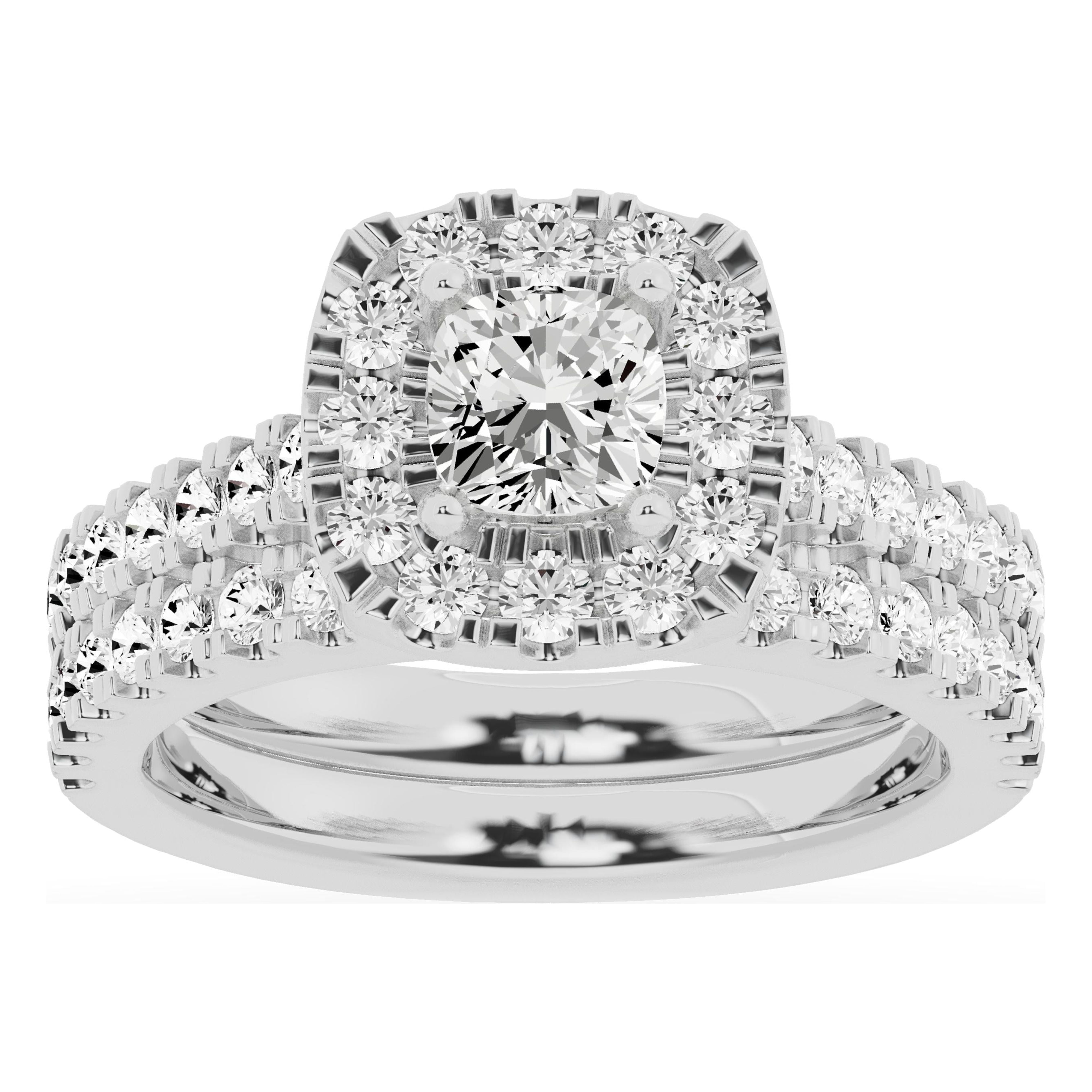 Unique Moments 2 Ct Lab Grown Cushion Halo Diamond Engagement Matching Wedding Ring Set 10K ...