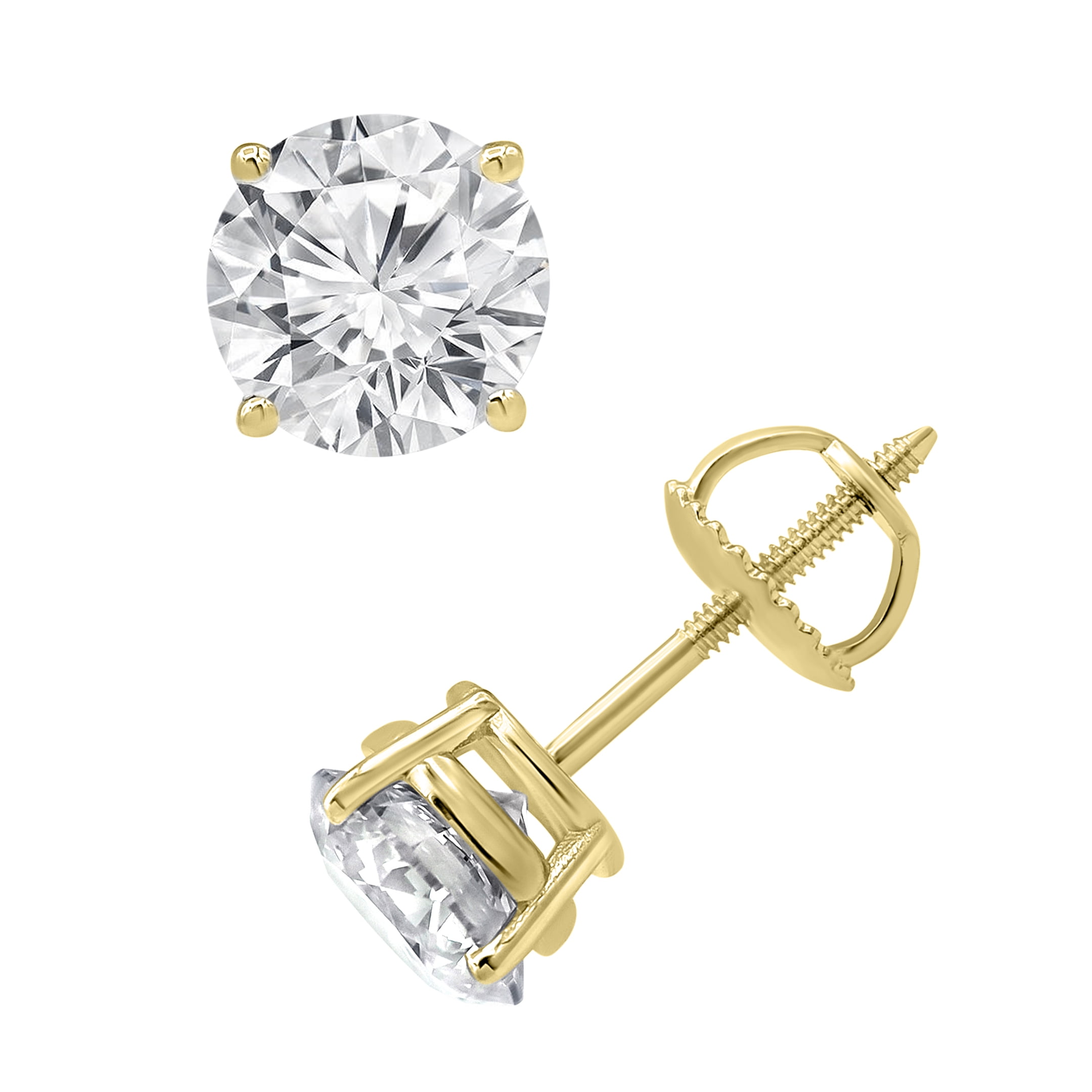 3 Carat Lab Grown Round Diamond Stud Earrings 14K Yellow Gold Screw ...