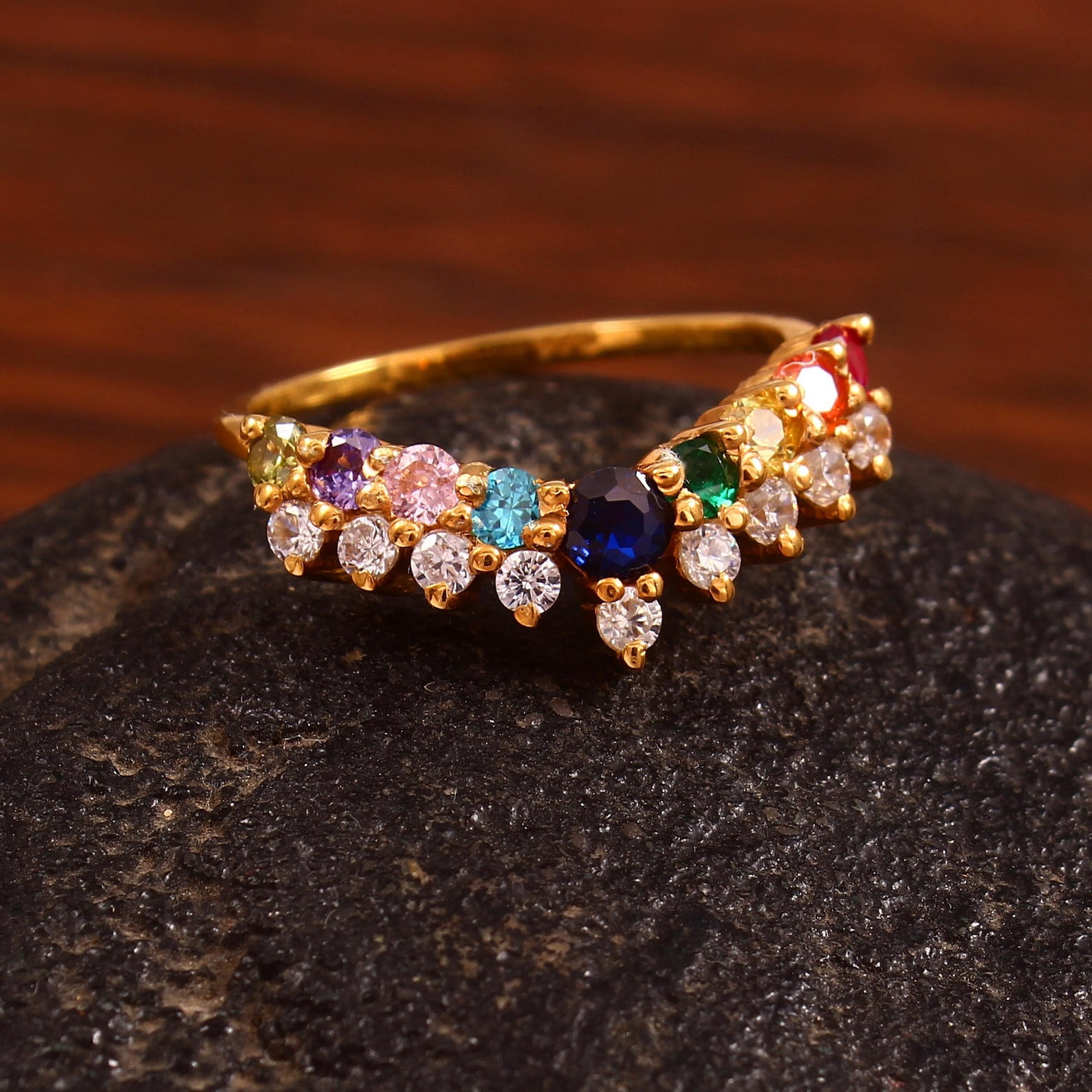 Unique Multi Gemstone Band Wedding band Curved 925 Silver wedding ring ...