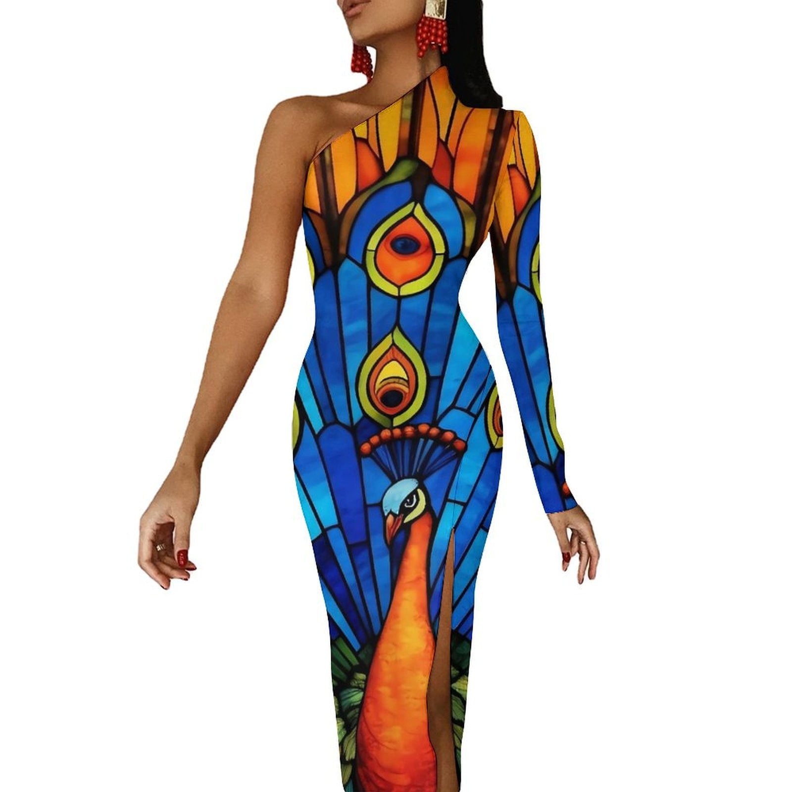 Unique Peacock Feather Long Dress Female Colorful Print Party Maxi ...