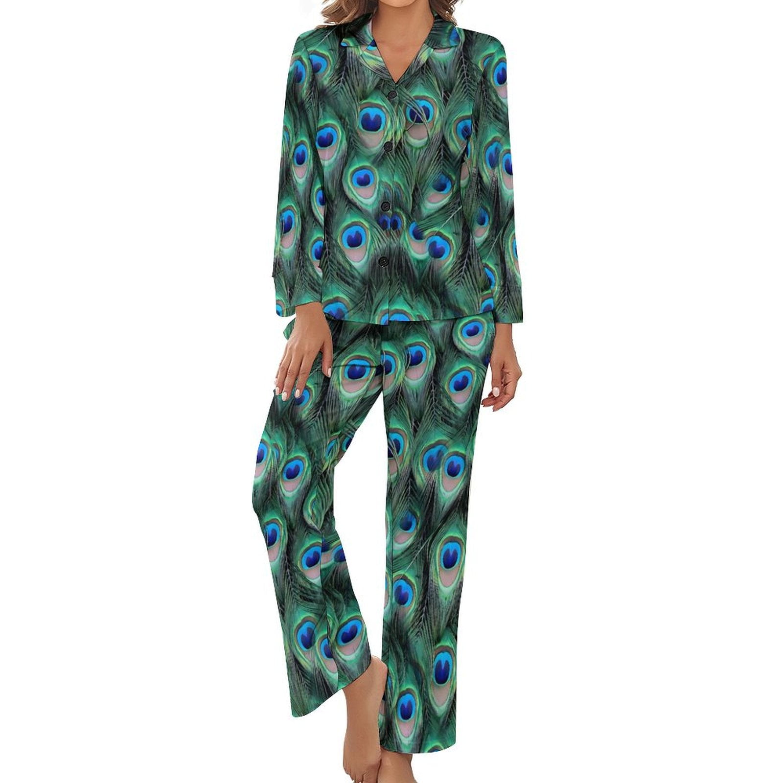 Unique Peacock Feather Pajamas Colorful Print Long Sleeves Pajama Sets ...