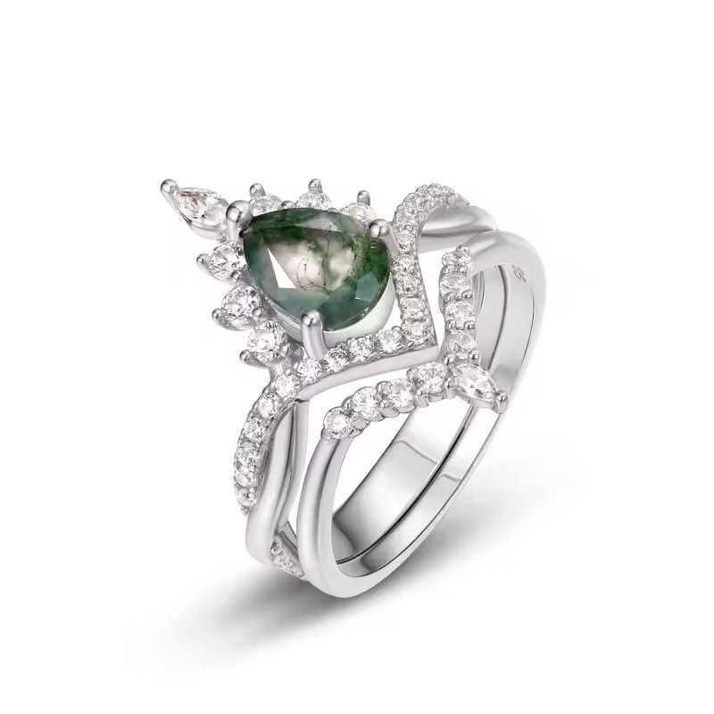 Unique Pear Cut Lab Created Moss Agate & Diamond Engagement Ring Set in ...
