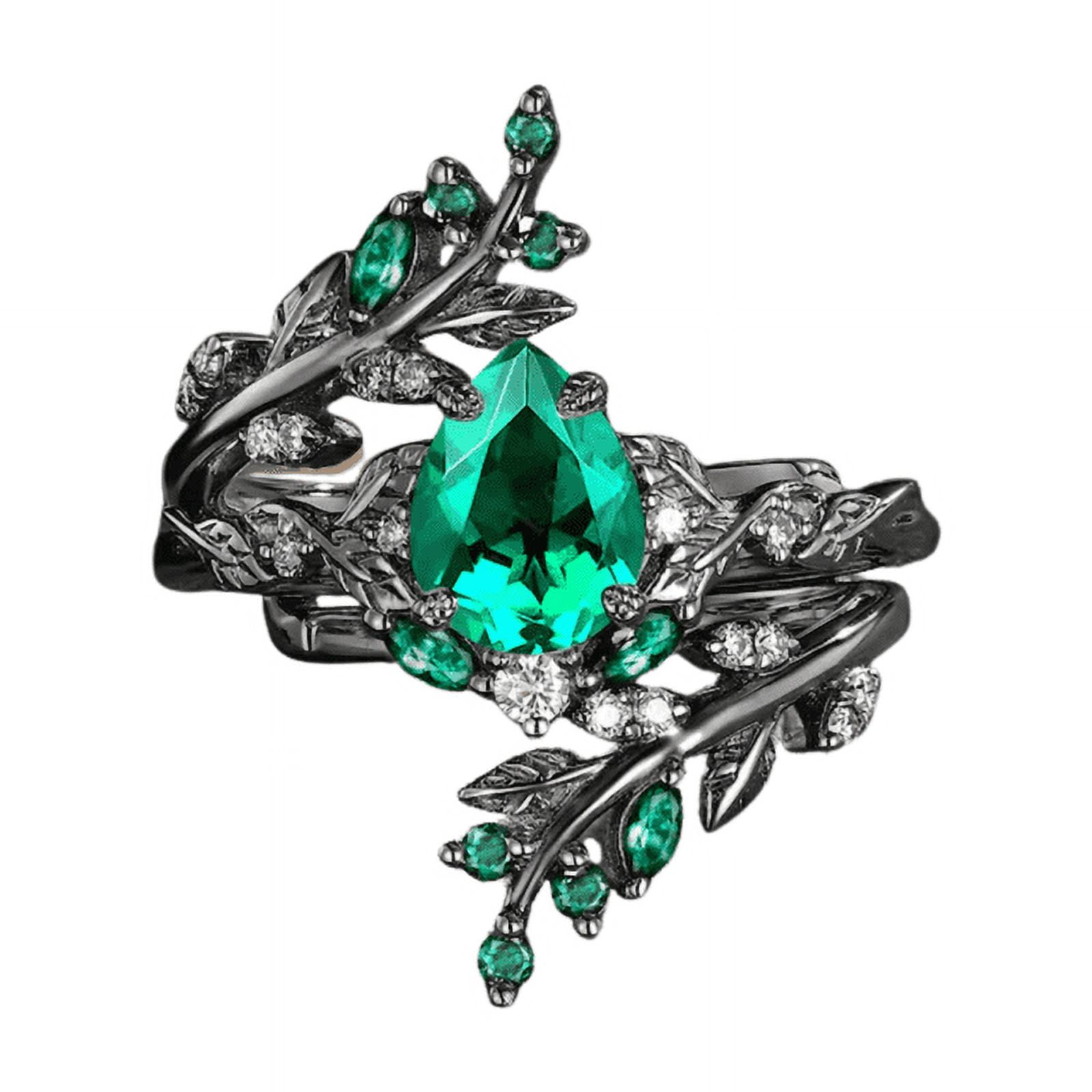 Unique Pear Cut Leaf Emerald Engagement Ring Set in 14k Black Gold ...