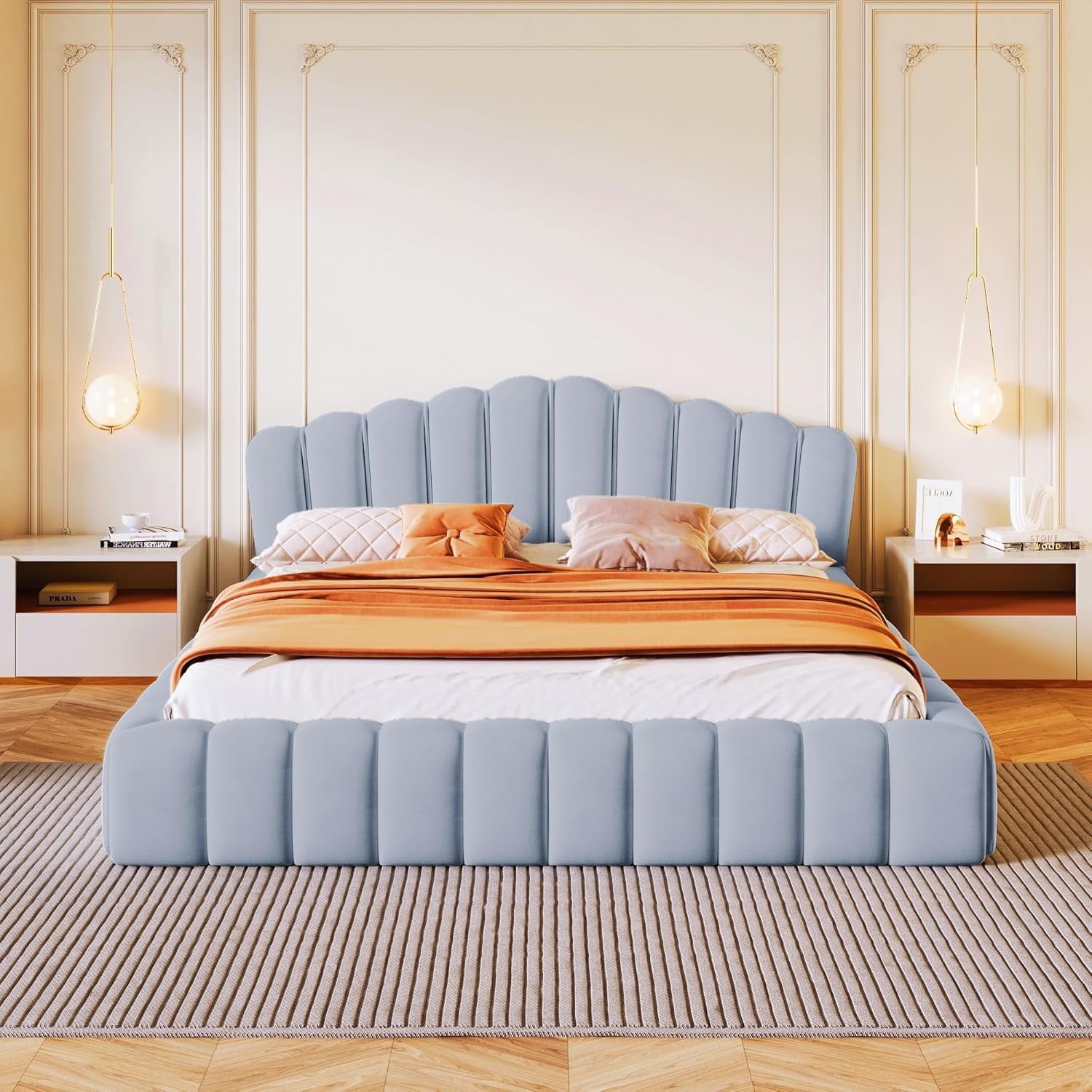 Unique Queen Size Velvet Upholstered Platform Bed with Shell-Shaped ...