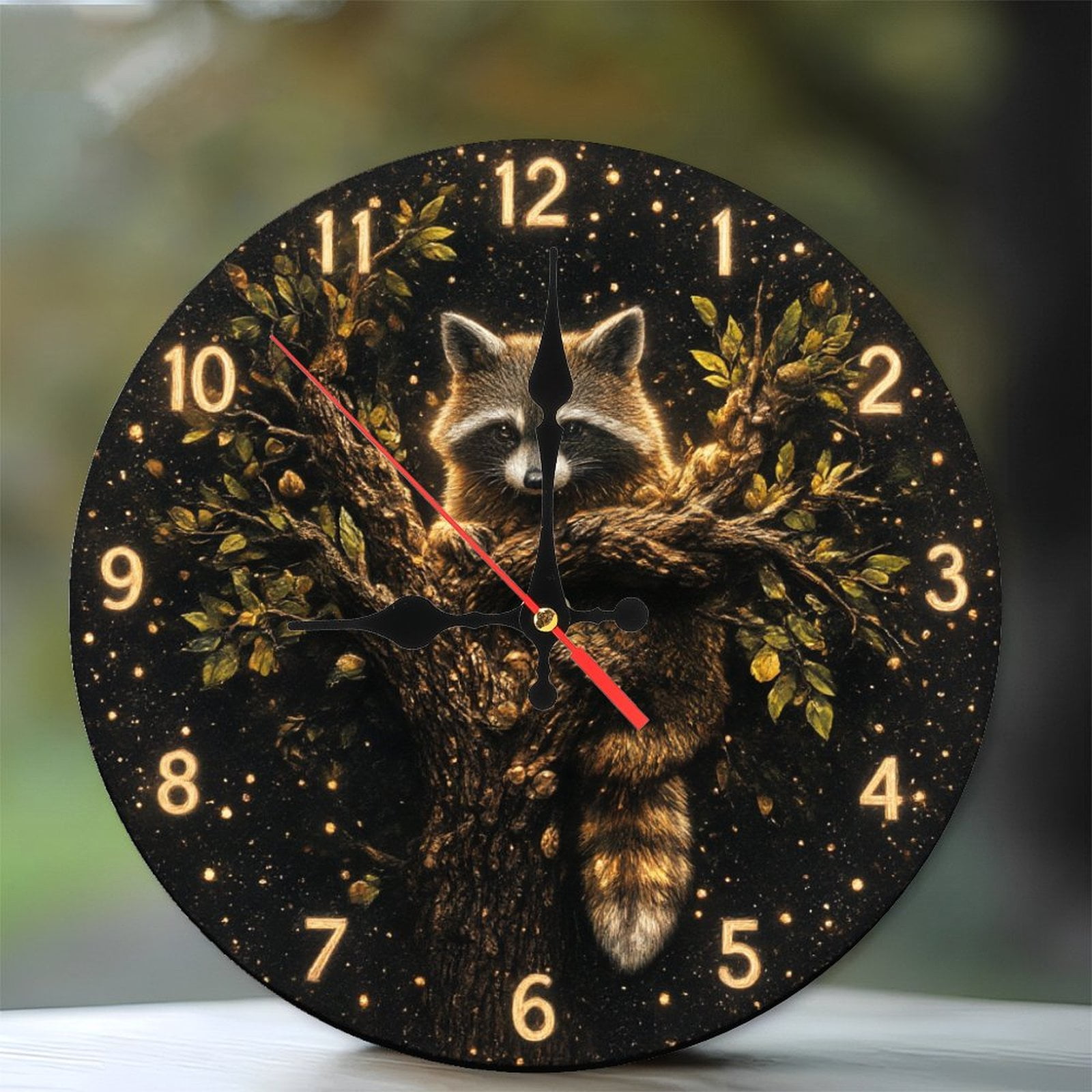 Unique Raccoon Clock Wall Decor Night Sky Tree Artwork 10-Inch Silent ...