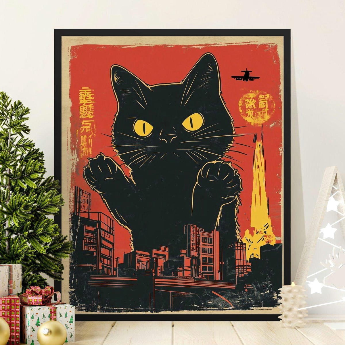 Unique Retro Cat Art Print, Japanese Style Cat Wall Art, Vintage Cat ...