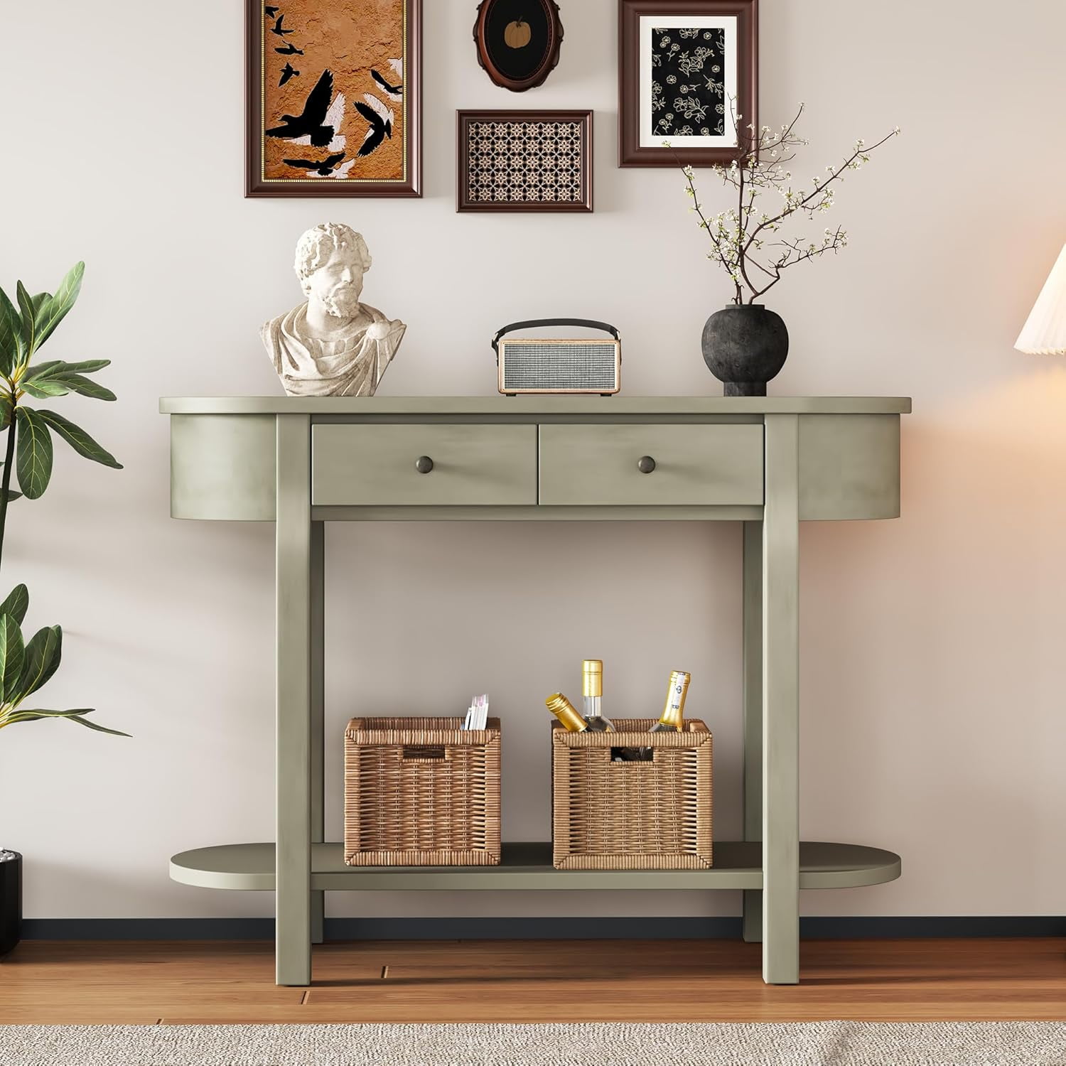 Unique Retro Curved Console Table with Drawers and Shelves Accent ...