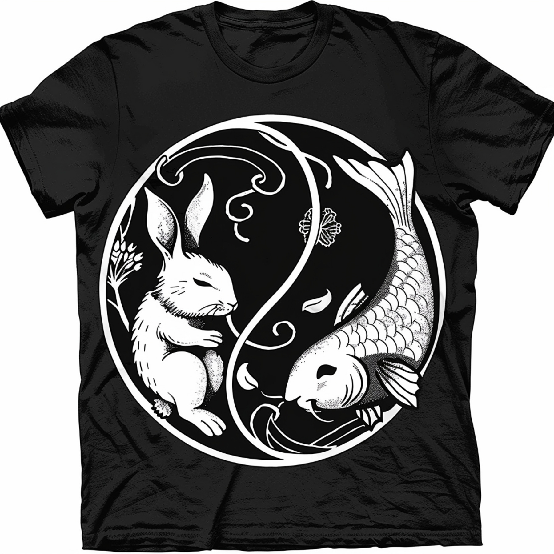 Unique Retro Japanese Zen Rabbit and Janus Fish Yin Yang Design Black ...