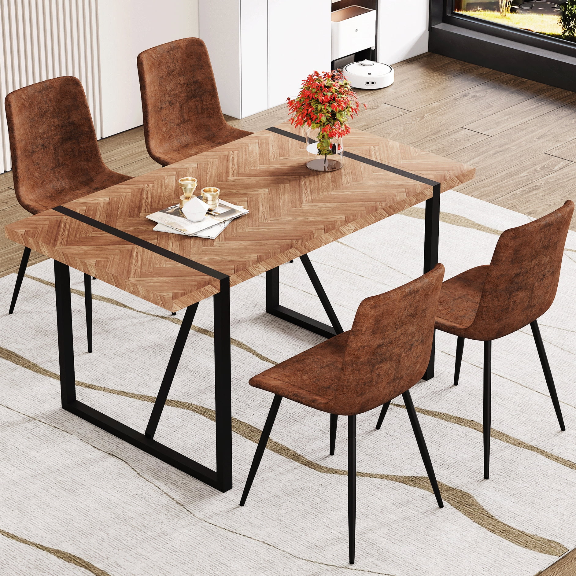Unique Textured Dining Table And Chair , Fishbone Desktop, 4 Brown ...