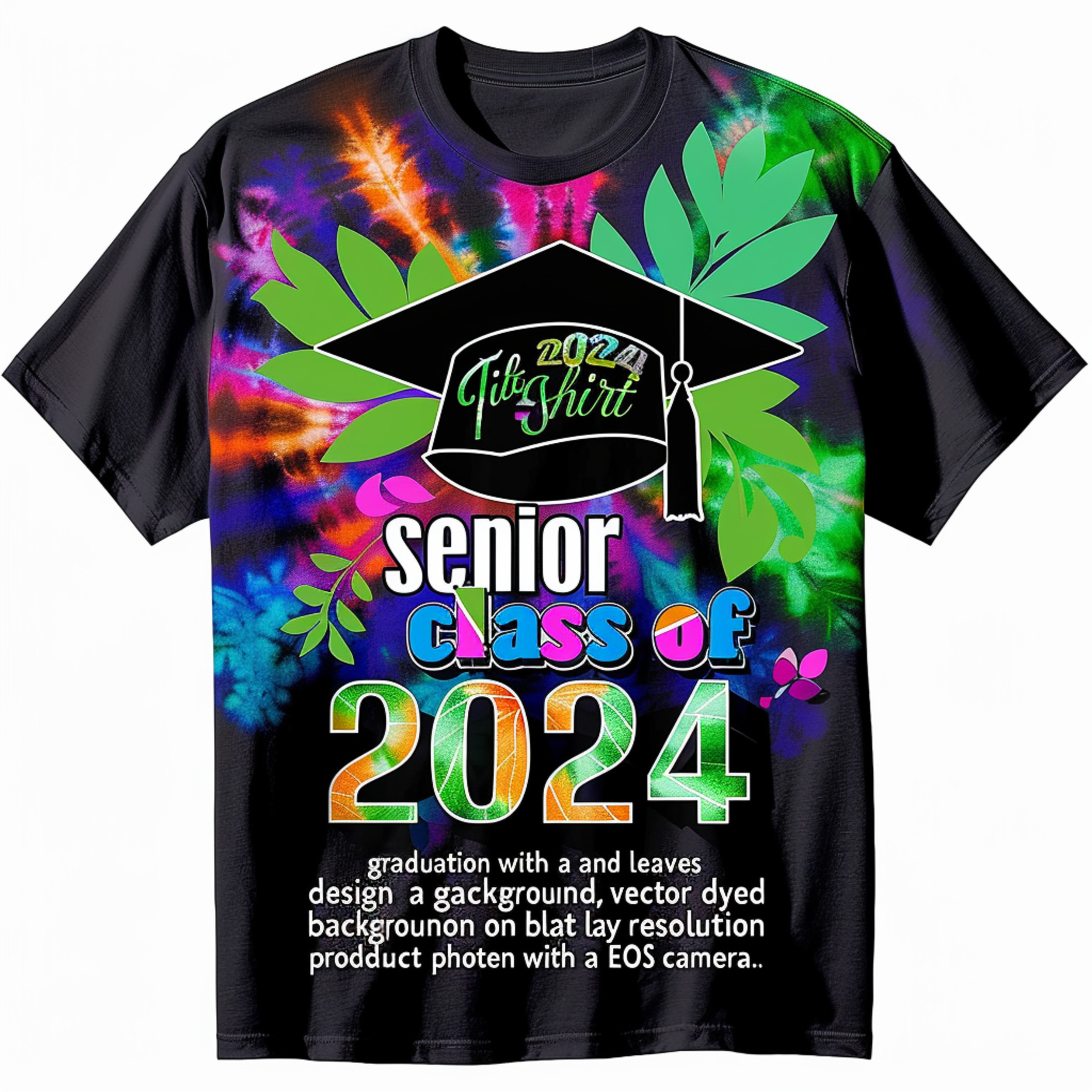 Unique Tie Dye Graduation Cap & Leaves Design Black Tee Class of 2024 ...