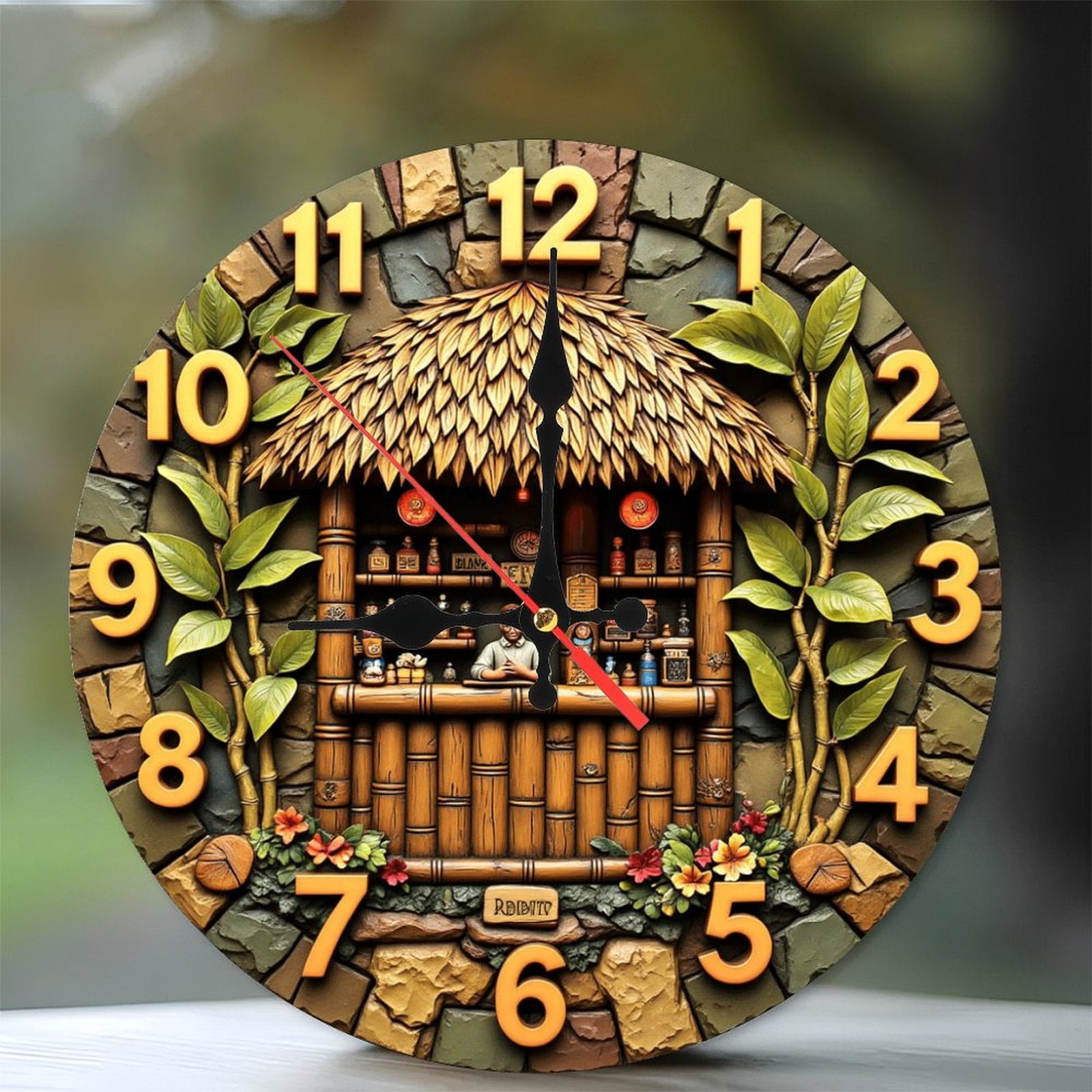 Unique Tiki Bar Clock Wall Decor 10-Inch Silent Wooden Wall Clock ...