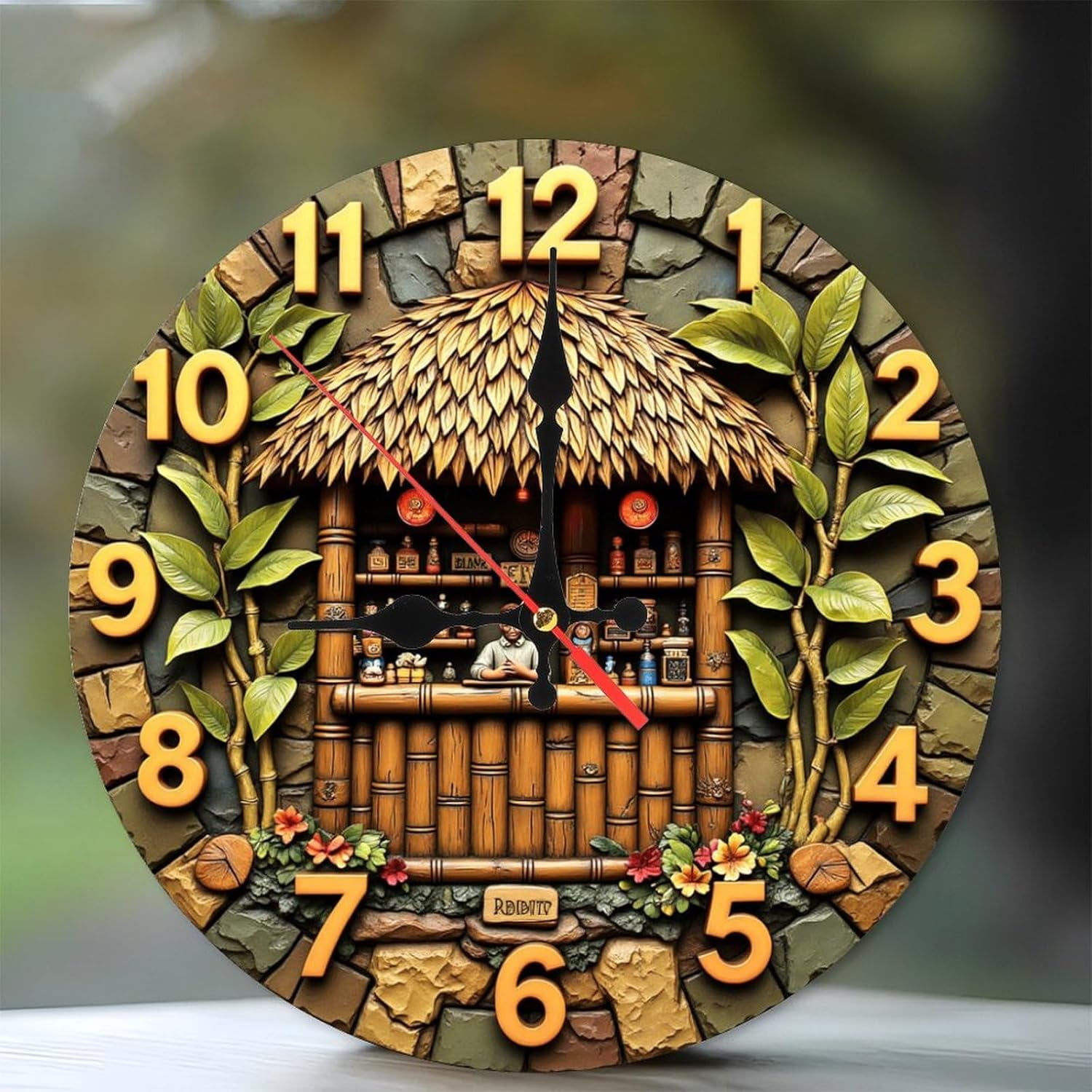 Unique Tiki Bar Clock Wall Decor 10-Inch Wooden Wall Clock, Silent ...