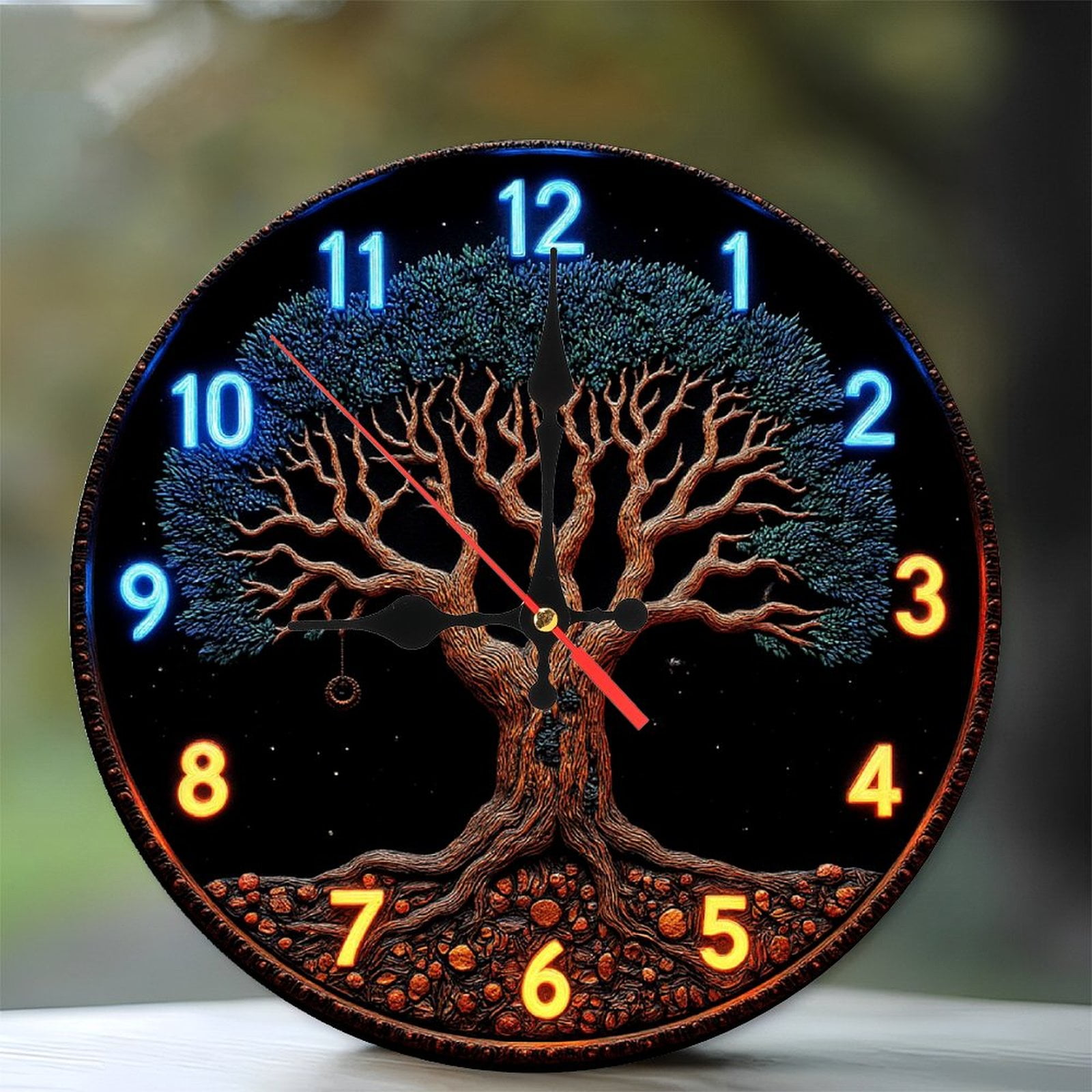 Unique Tree of Life Wall Clock Neon Numbers Home Decor 10-Inch Silent ...