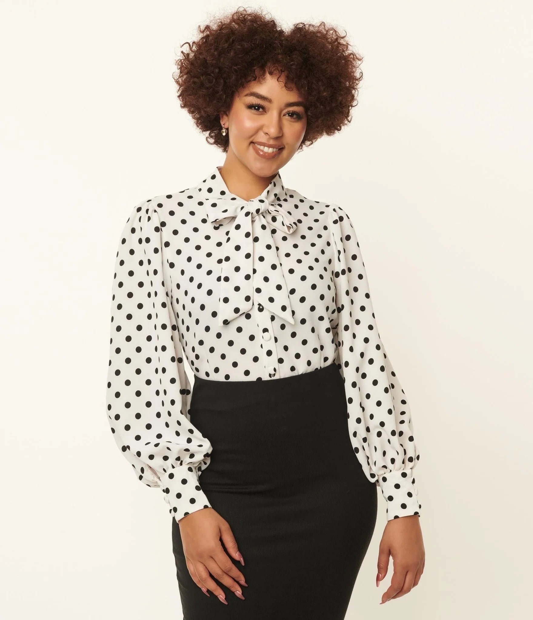 Unique Vintage 1940s White Black Polka Dot Neck Tie Gwen Blouse - Walmart.com