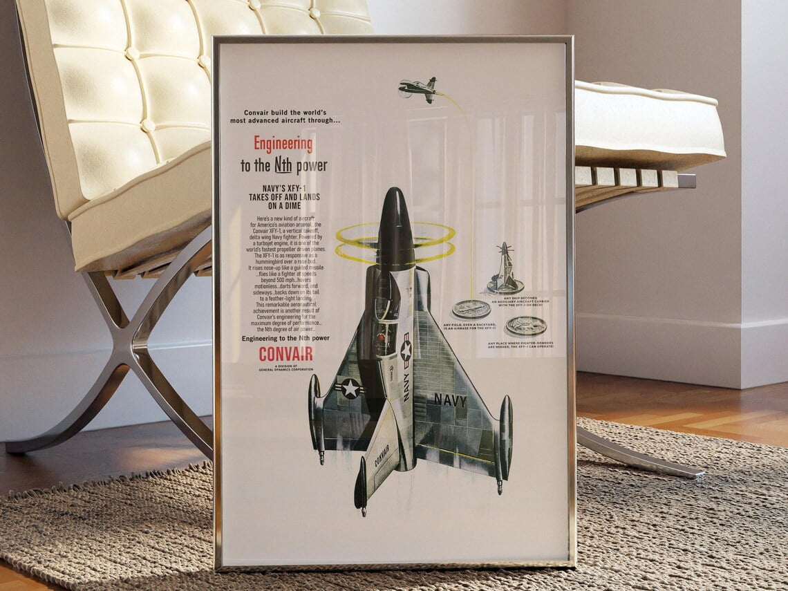 Unique Vintage Cold War Era Convair Xfy-1 Fighter Plane Poster, Delta ...